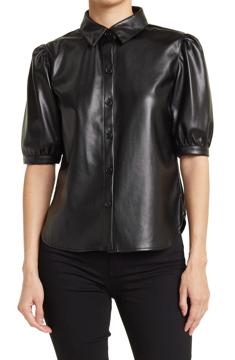 TRUTH BY REPUBLIC Faux Leather Puff Sleeve Button Front Top | Nordstromrack