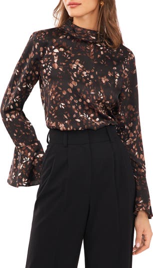 Halogen® Floral Bell Cuff Mock Neck Blouse | Nordstrom