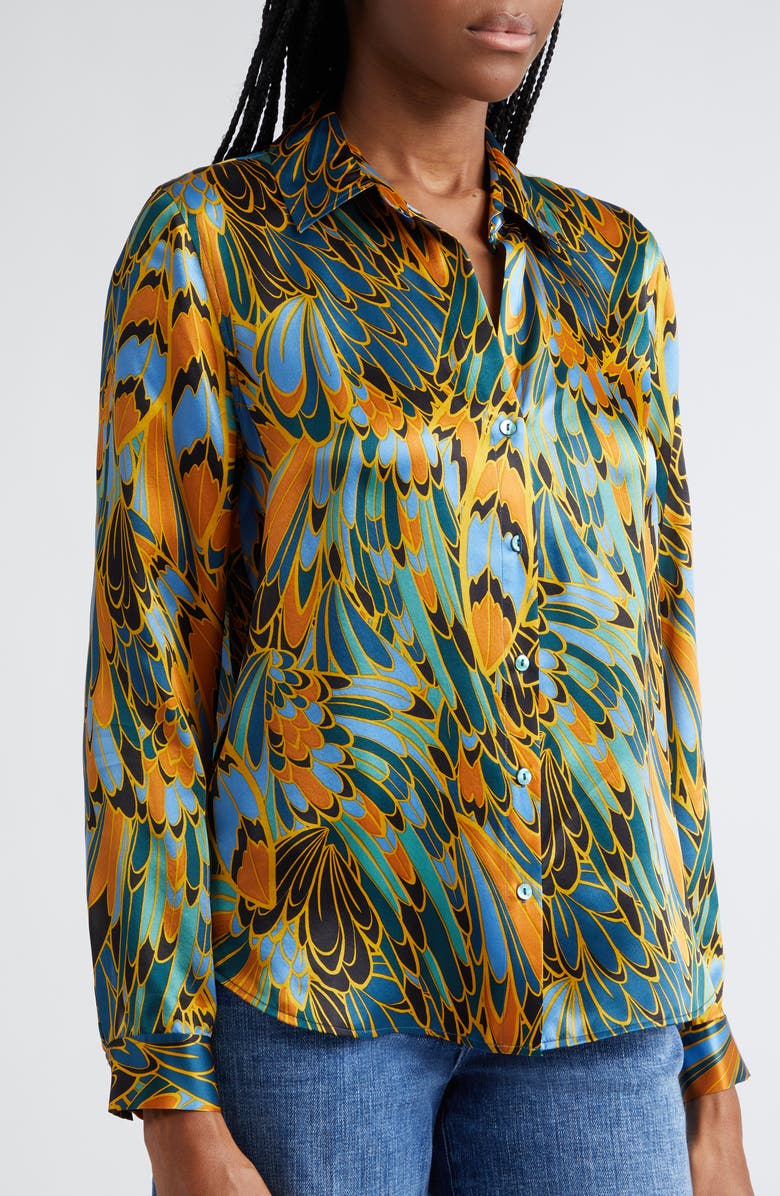 L'AGENCE Tyler Parrot Feather Print Silk Button-Up Shirt | Nordstrom