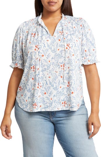 MELLODAY Smocked Shoulder Tie Neck Top | Nordstromrack