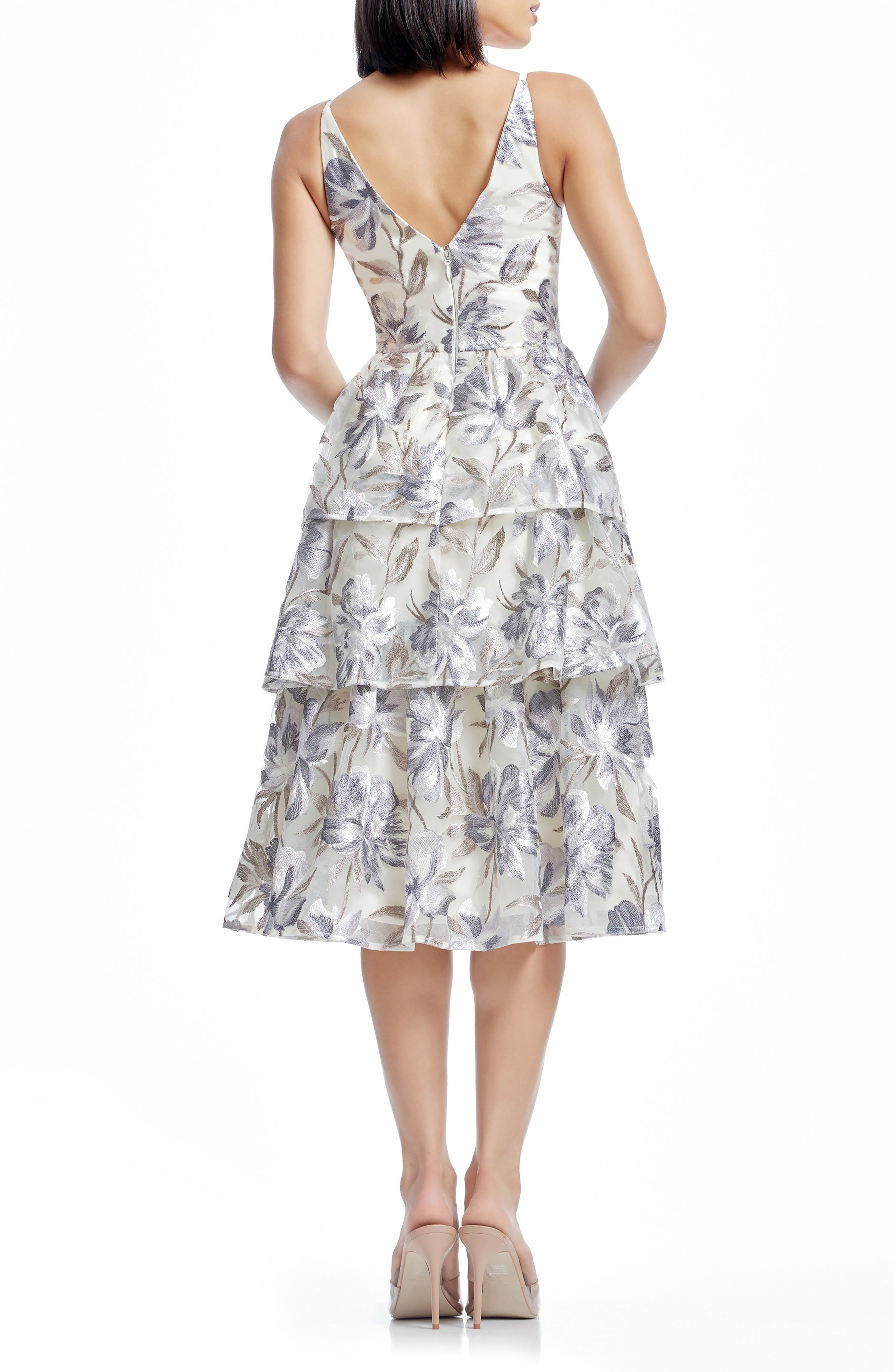 Lorelai Floral Embroidery Tiered Cocktail Midi Dress (Women ...