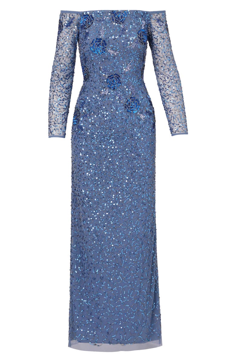 Adrianna Papell Beaded Off the Shoulder Long Sleeve Mesh Column Gown ...