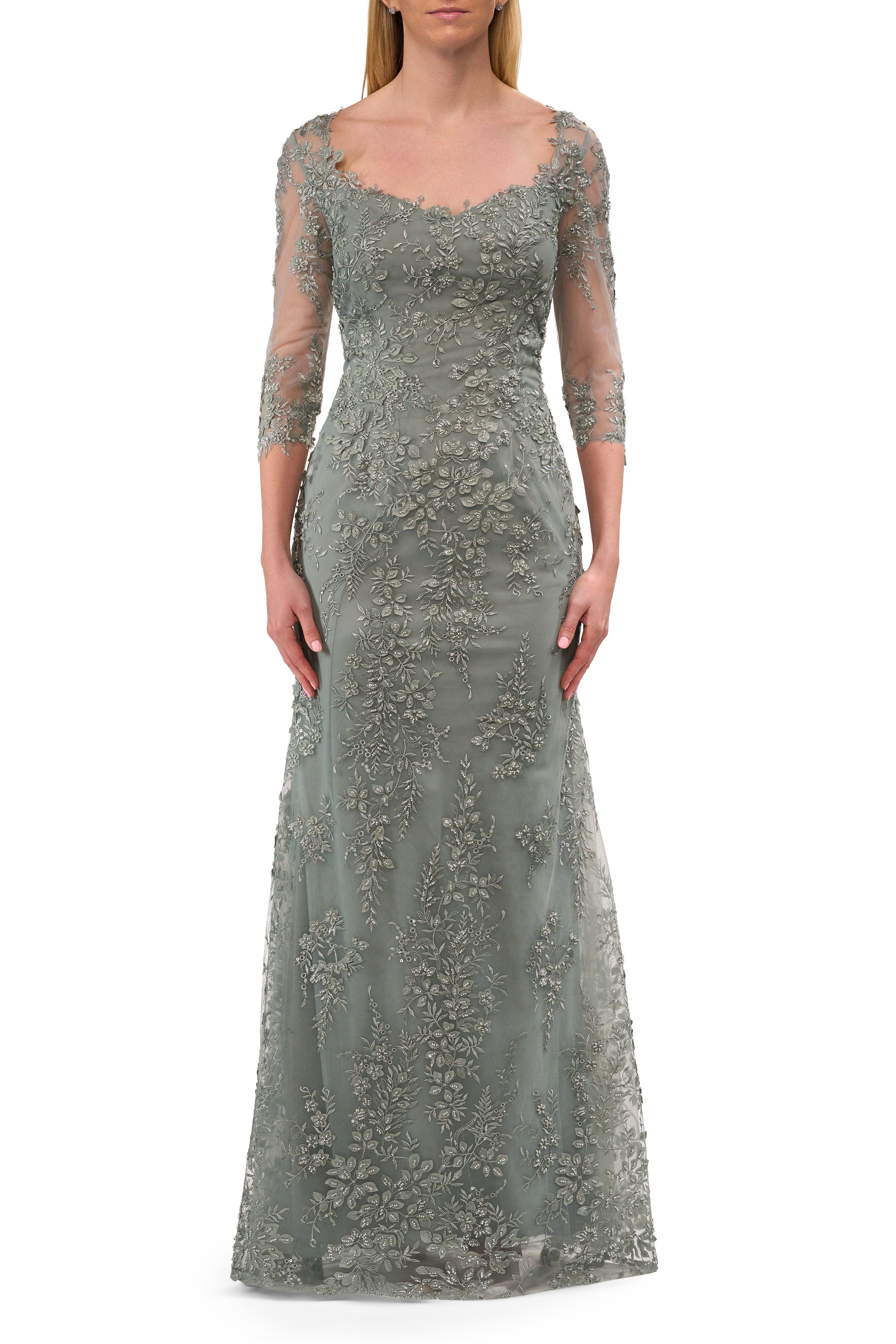 Unique Lace Gown with Square Neckline and Illusion Sleeves (Women ...
