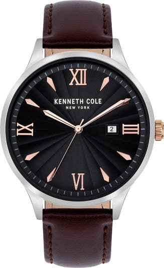 Kenneth Cole New York Men's 3-Hand Leather Strap Watch, 43mm ...