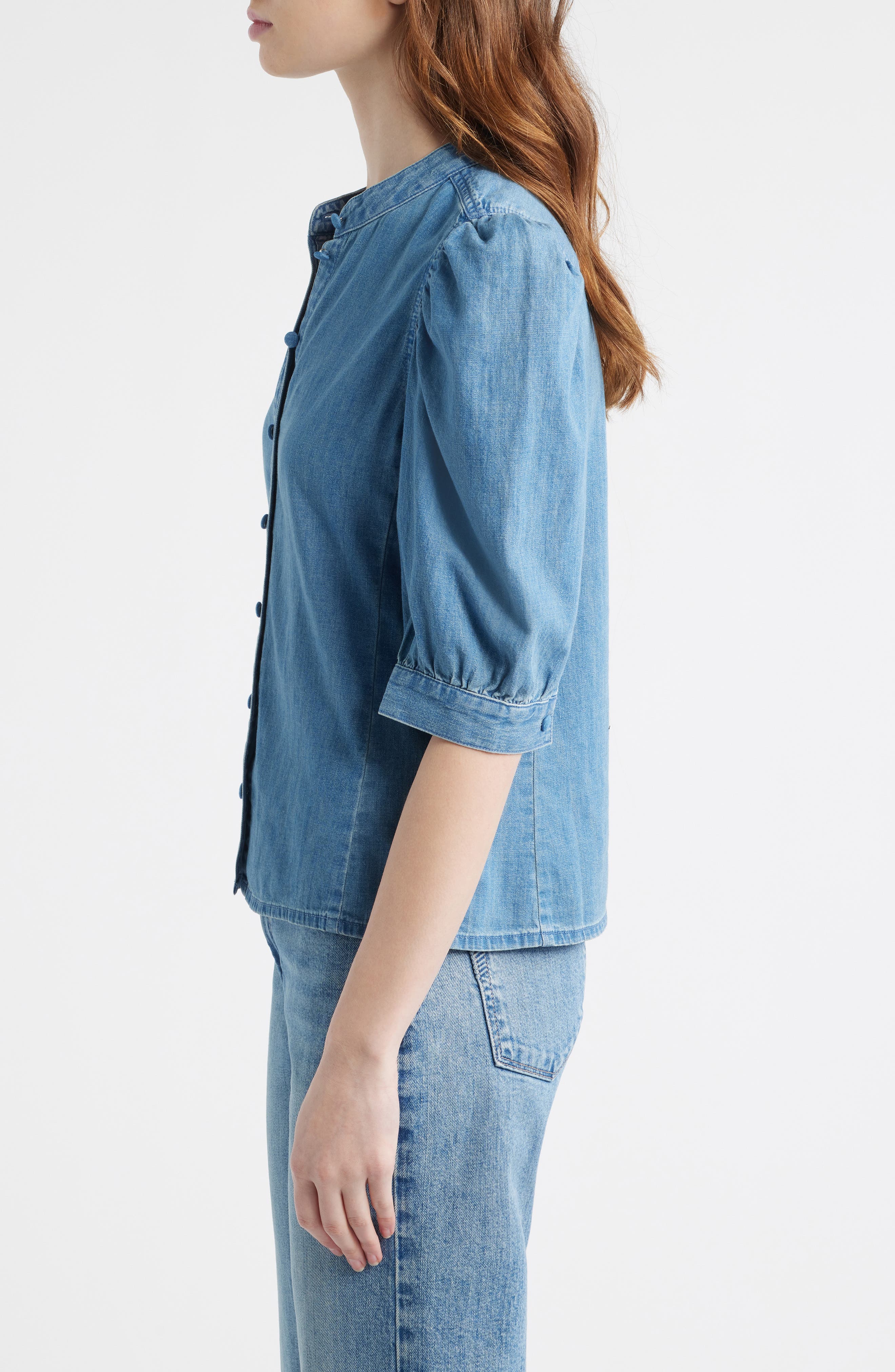 Madewell Band Collar Puff Sleeve Denim Button-Up Shirt | Nordstrom