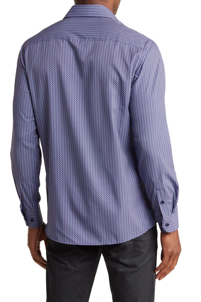 TOM BAINE Fish Print Long Sleeve Slim Fit 4-Way Stretch Shirt (Men ...