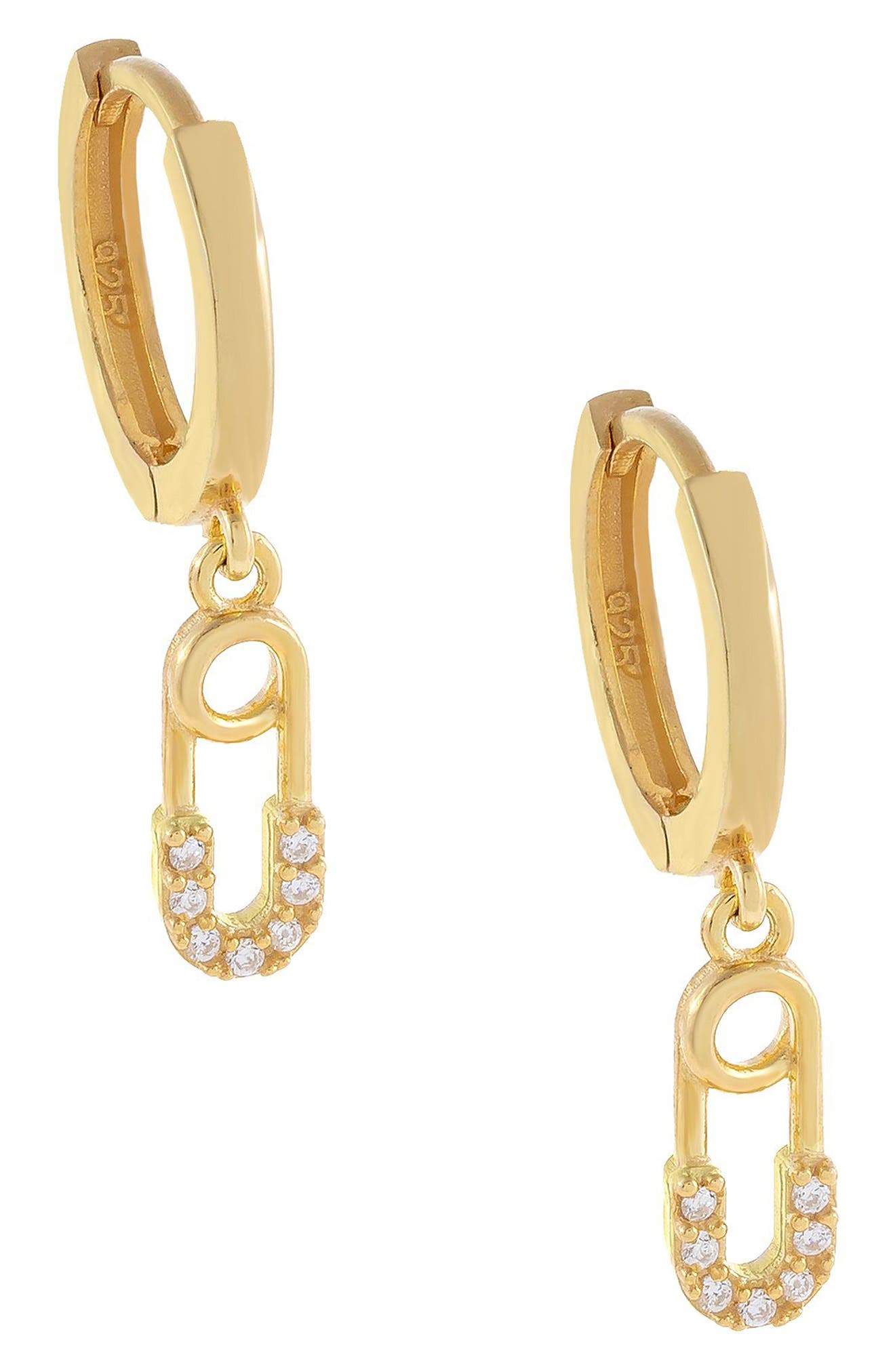Adina's Jewels Pavé Safety Pin Drop Huggie Hoop Earrings | Nordstrom