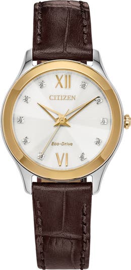 Citizen Diamond Dial Eco-Drive Leather Strap Watch, 29mm | Nordstromrack