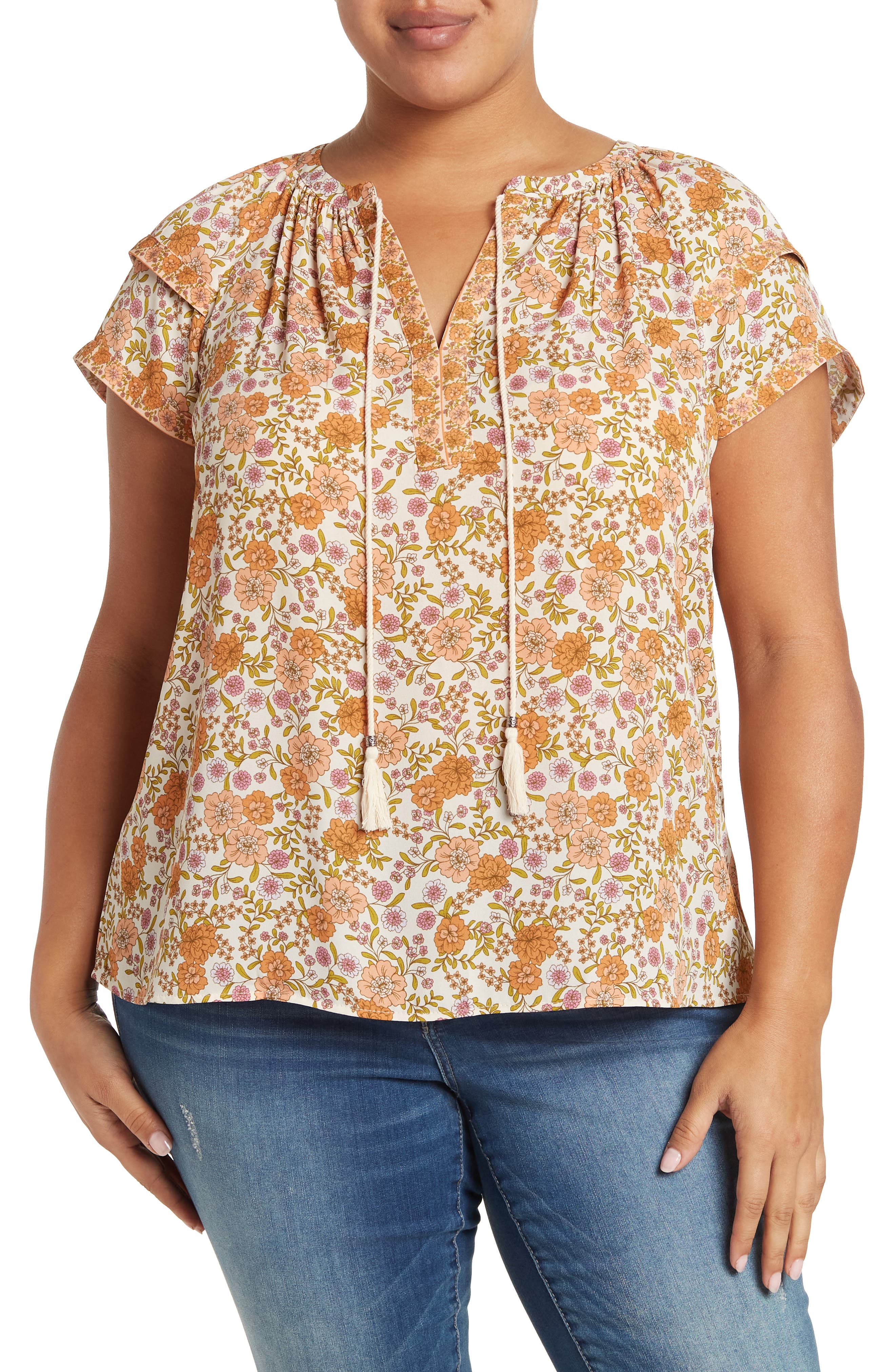 DR2 by Daniel Rainn Daniel Rainn Floral Tie Keyhole Double Ruffle ...