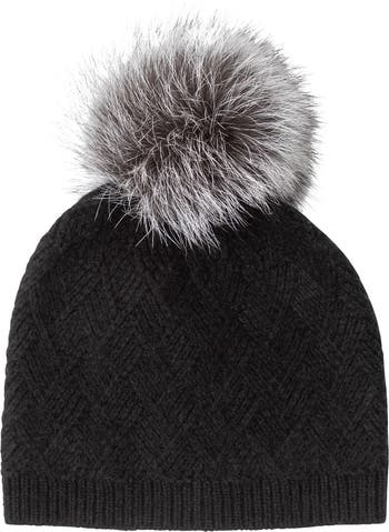 Amicale Cashmere Diamond Stitch Knit Hat with Genuine Fox Pom ...