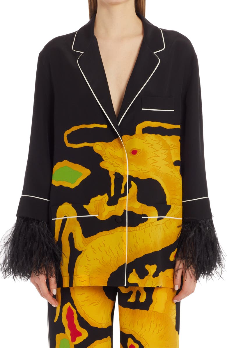 Valentino Garavani Dragon Print Feather Trim Silk Button-Up Shirt ...