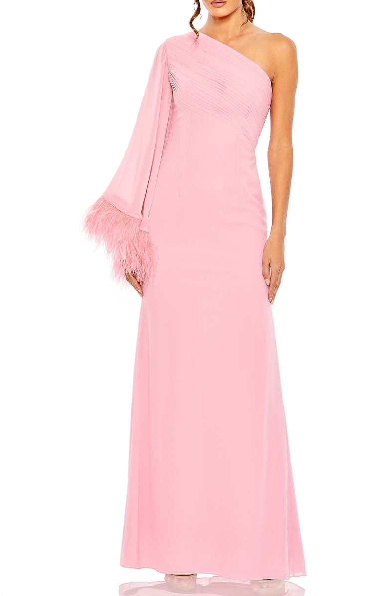 Mac Duggal Feather Cuff One Shoulder Ruched Gown | Nordstrom