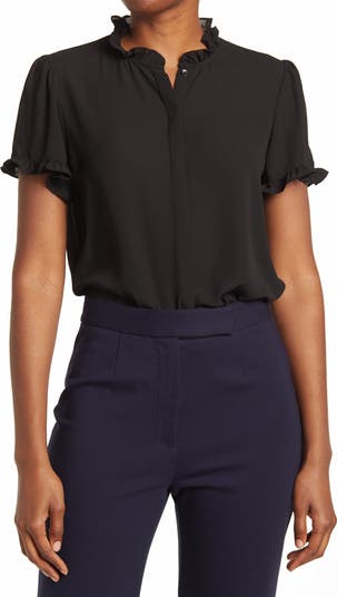 T Tahari Covered Ruffle Neck Placket Short Sleeve Top | Nordstromrack