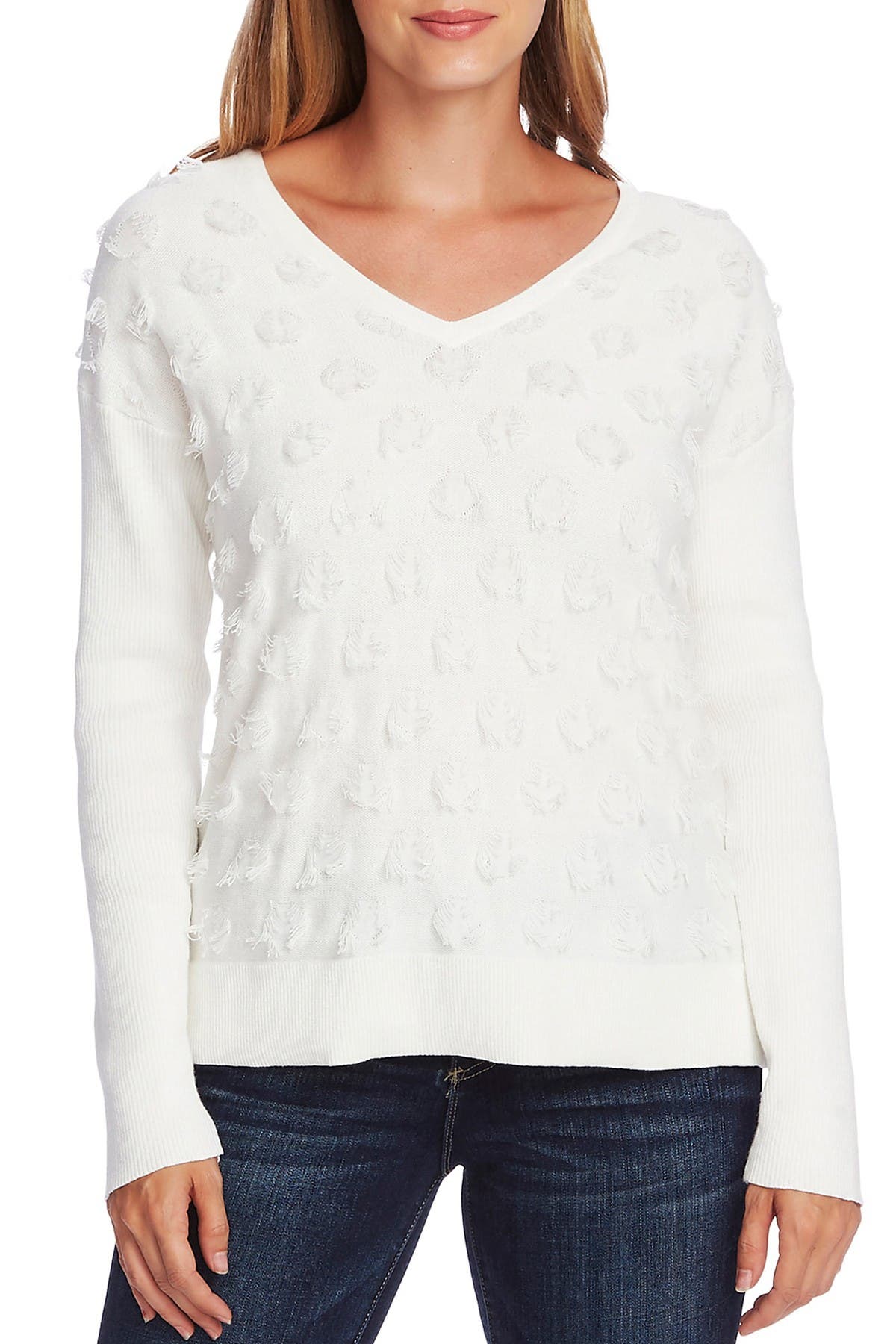 Vince Camuto Floating Fringe Dot V-Neck Sweater | Nordstromrack