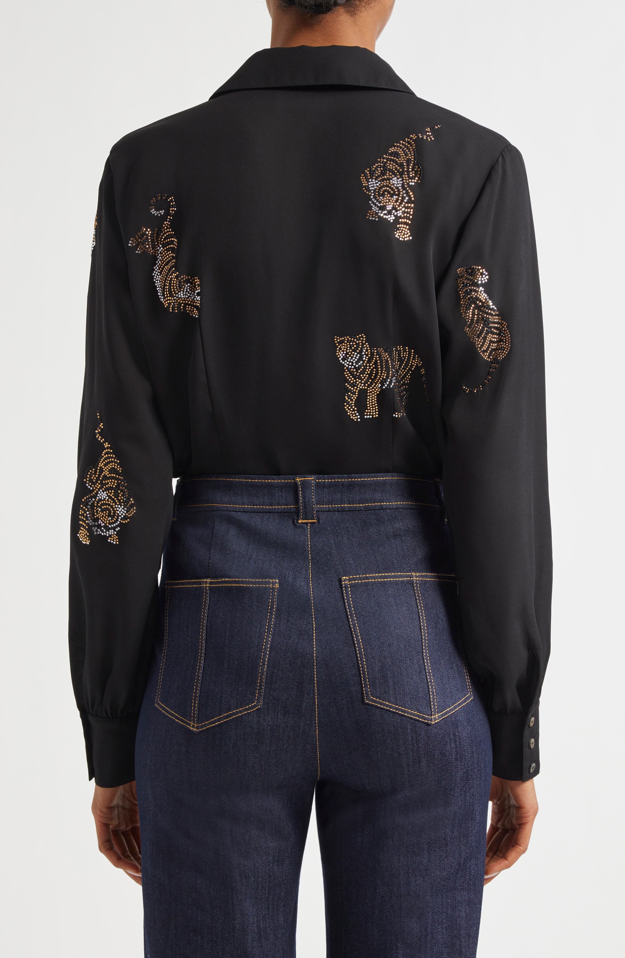 Cinq à Sept Blanche Beaded Tiger Detail Satin Button-Up Shirt ...