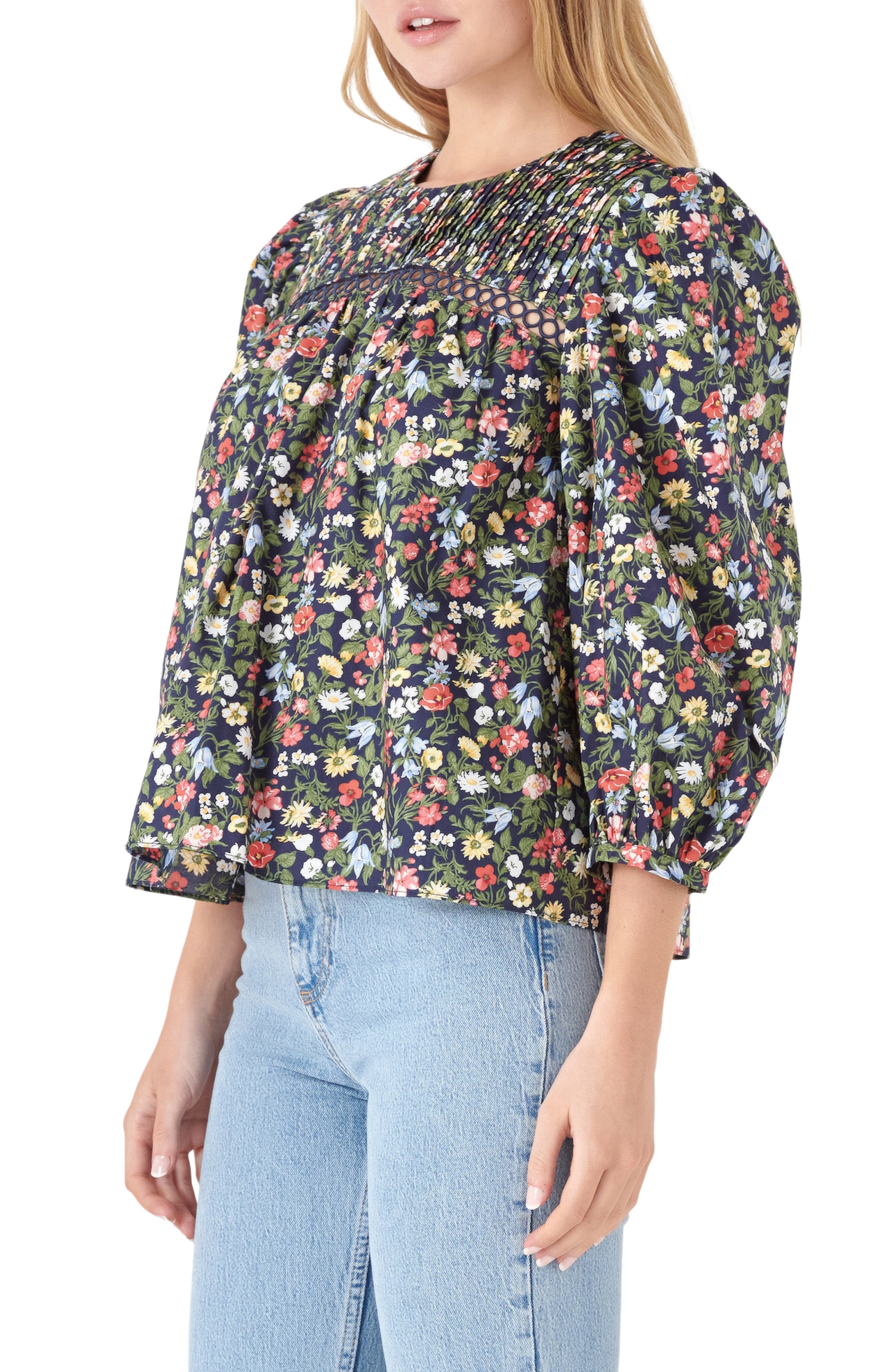 English Factory Floral Pintuck Detail Cotton Popover Top | Nordstromrack