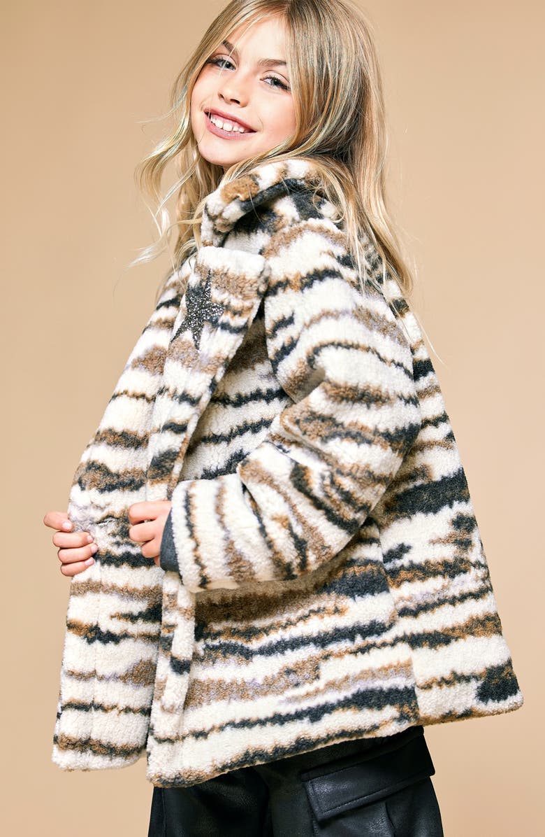 Hannah Banana Kids' Faux Fur Animal Stripe Rhinestone Star Patch Coat ...