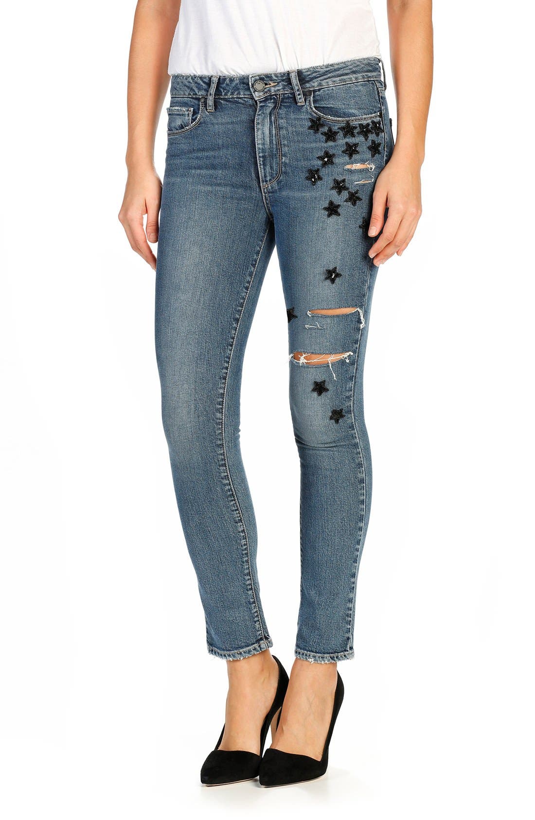 PAIGE Sequin Star Patch High Rise Straight Leg Jeans | Nordstrom