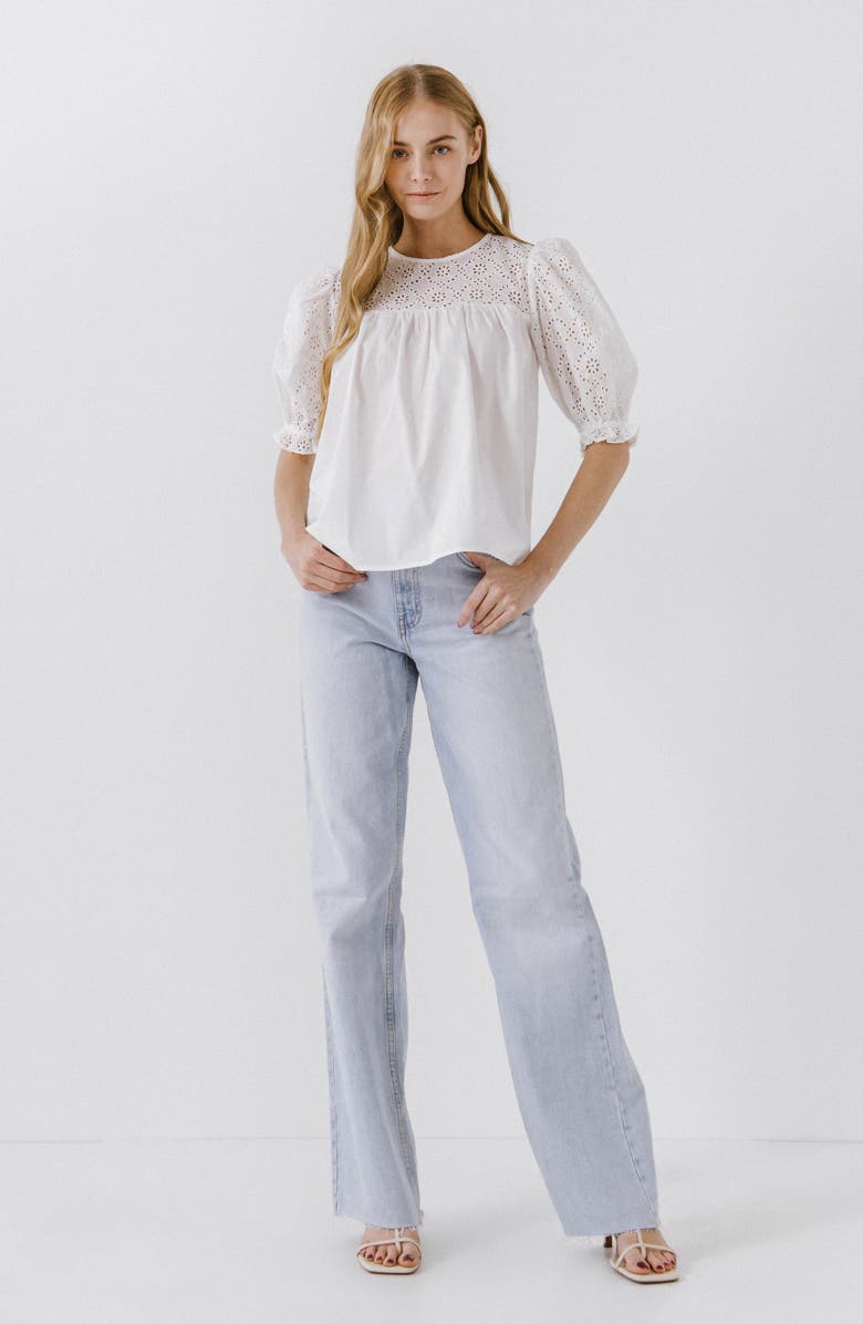 English Factory Eyelet Mix Media Short Sleeve Top | Nordstromrack