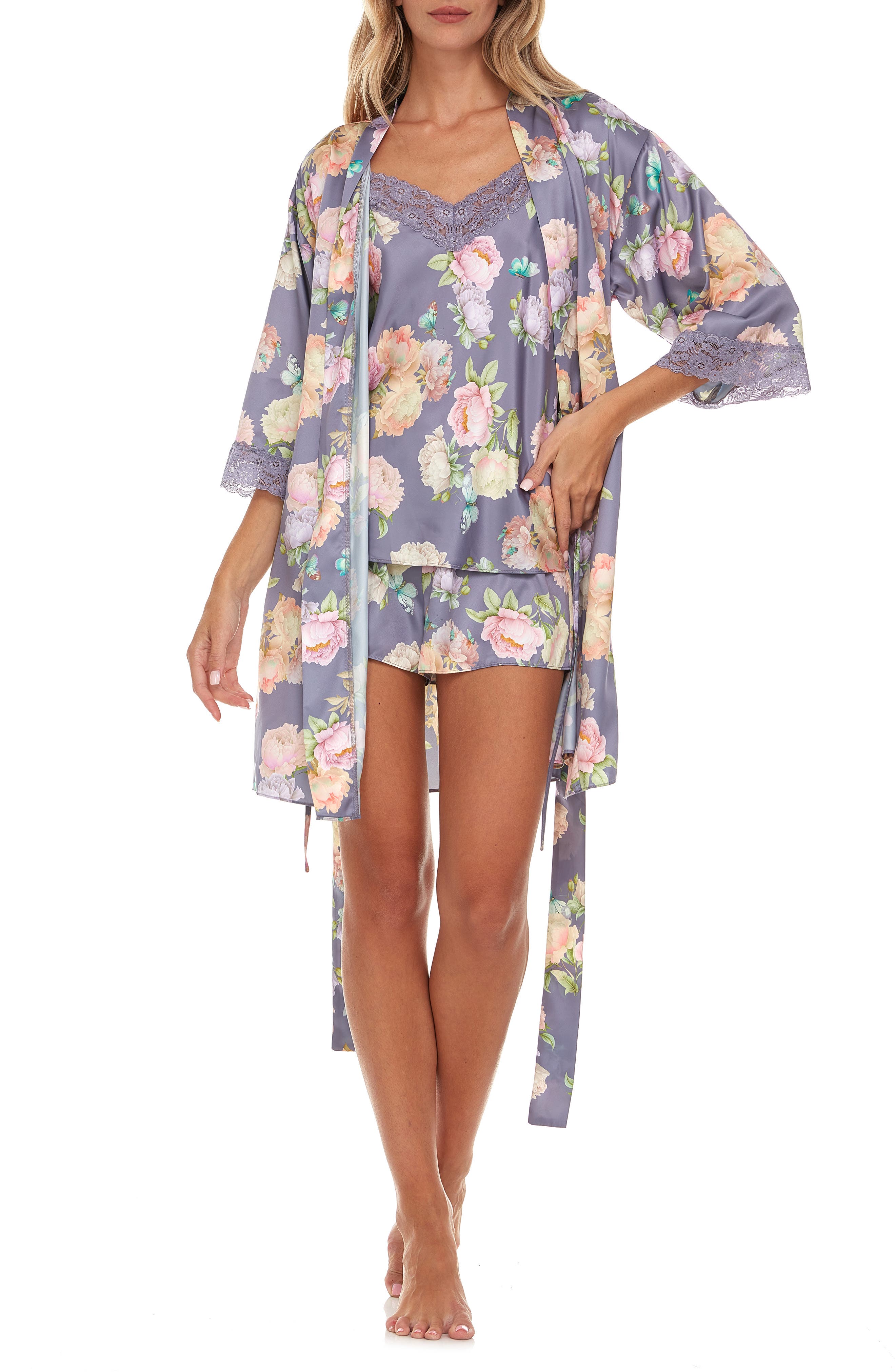 Flora Nikrooz Sabrina Floral Print Satin Short Pajamas & Robe Set ...