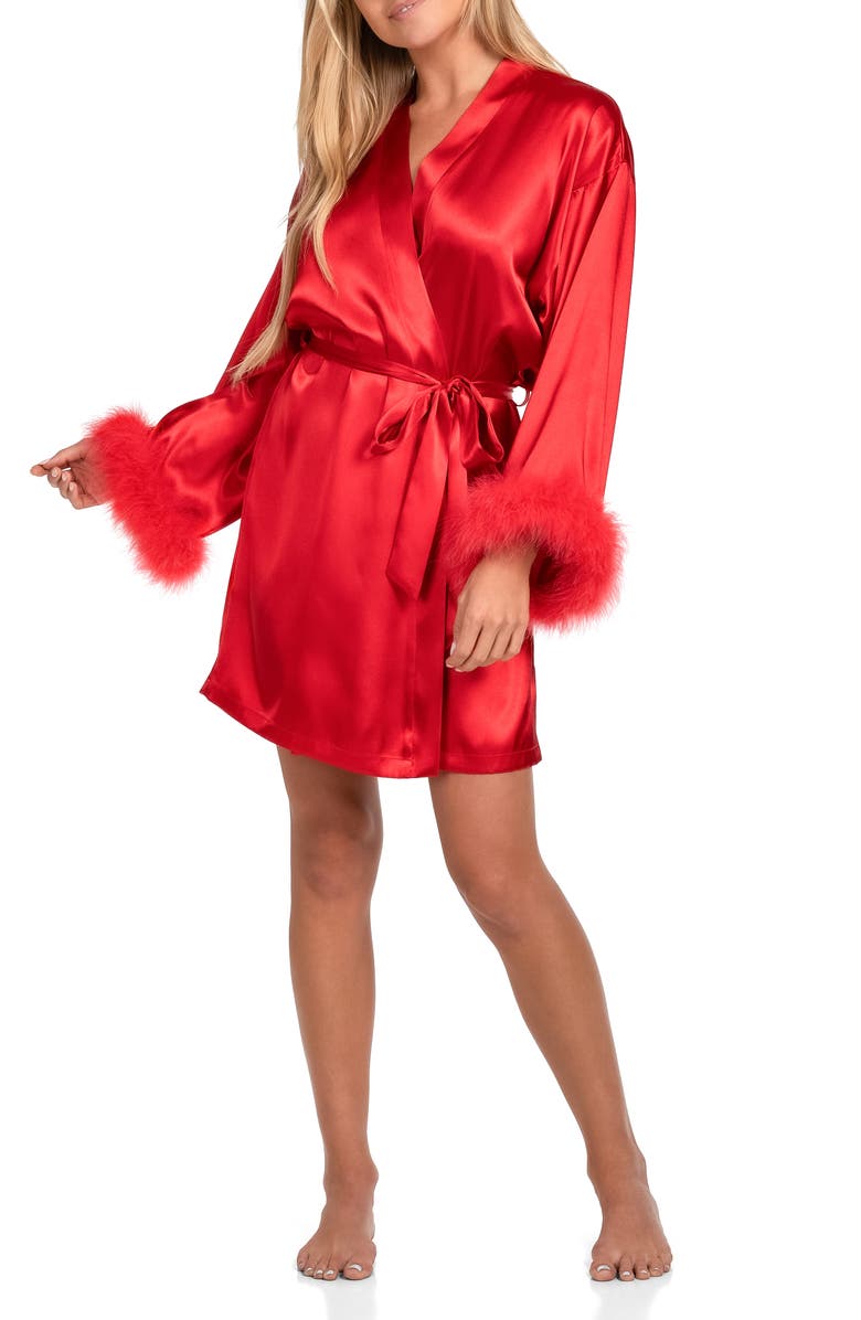 In Bloom by Jonquil Nayeli Marabou Trim Satin Wrap Robe | Nordstromrack