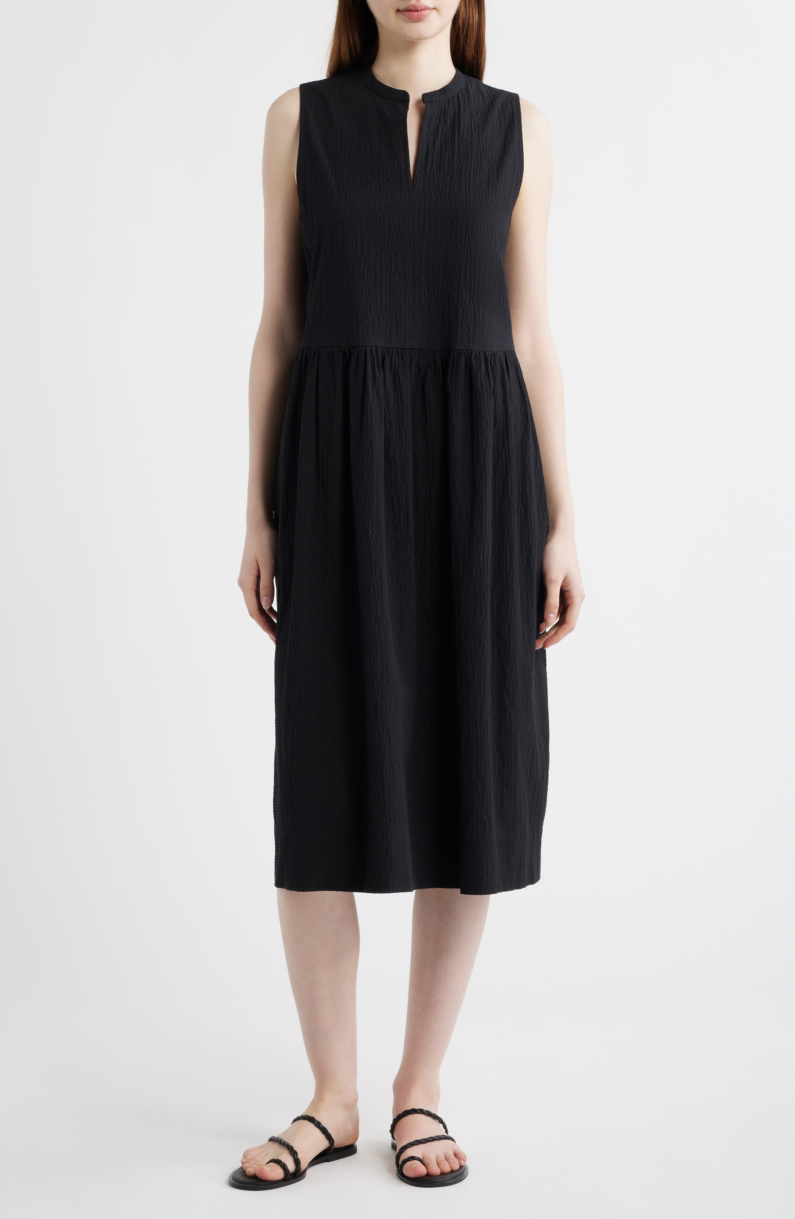 Eileen Fisher Split Neck Textured Stretch Cotton Dress | Nordstrom