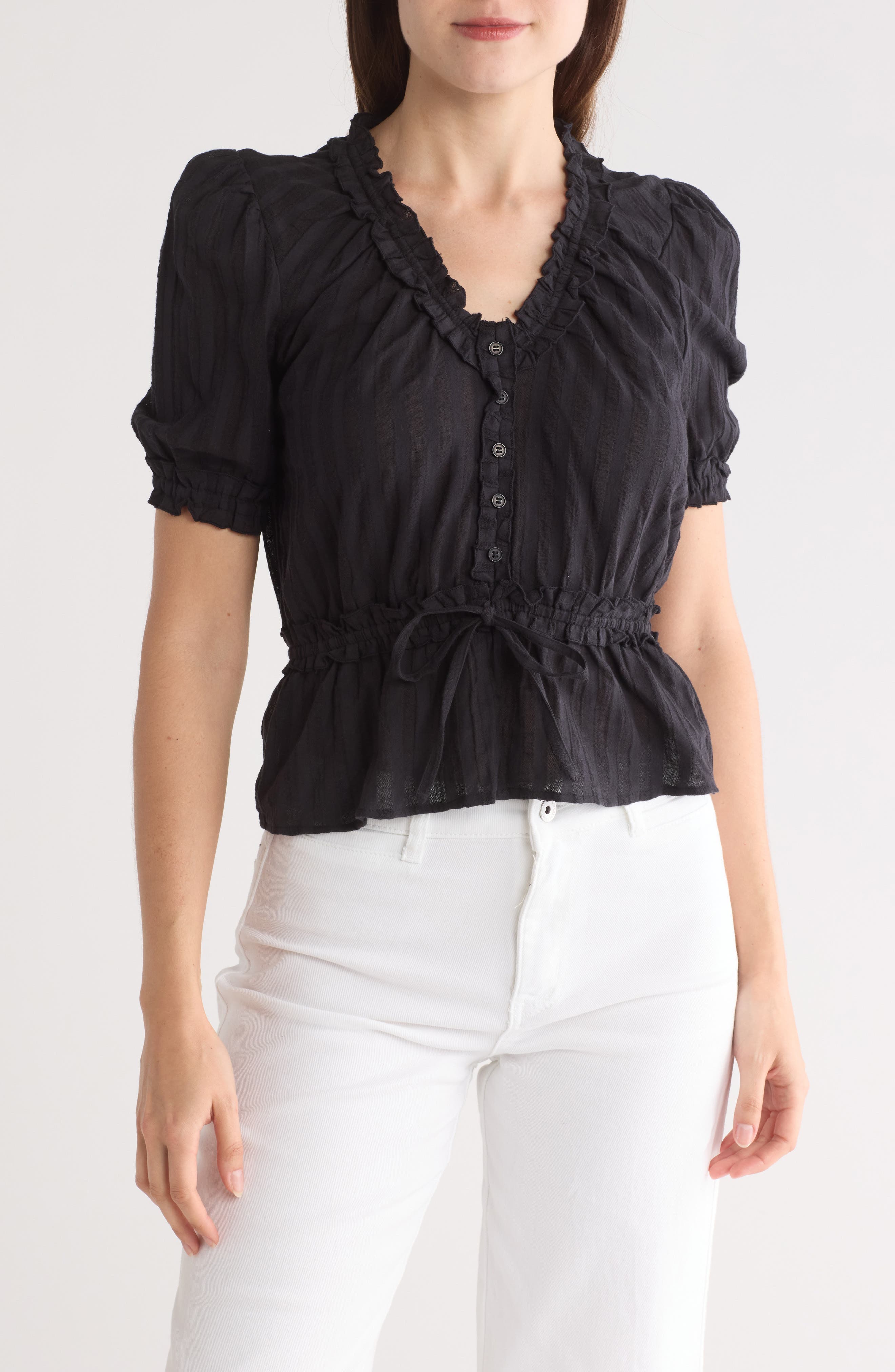 Steve Madden Shadow Stripe Ruffle Cotton Button Top | Nordstrom
