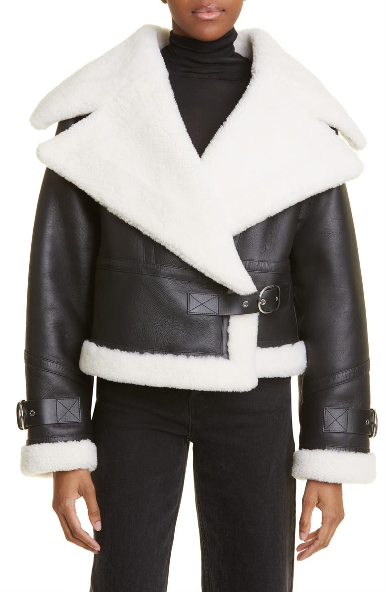 SHOREDITCH SKI CLUB Daia Belted Genuine Shearling & Leather Moto Jacket ...