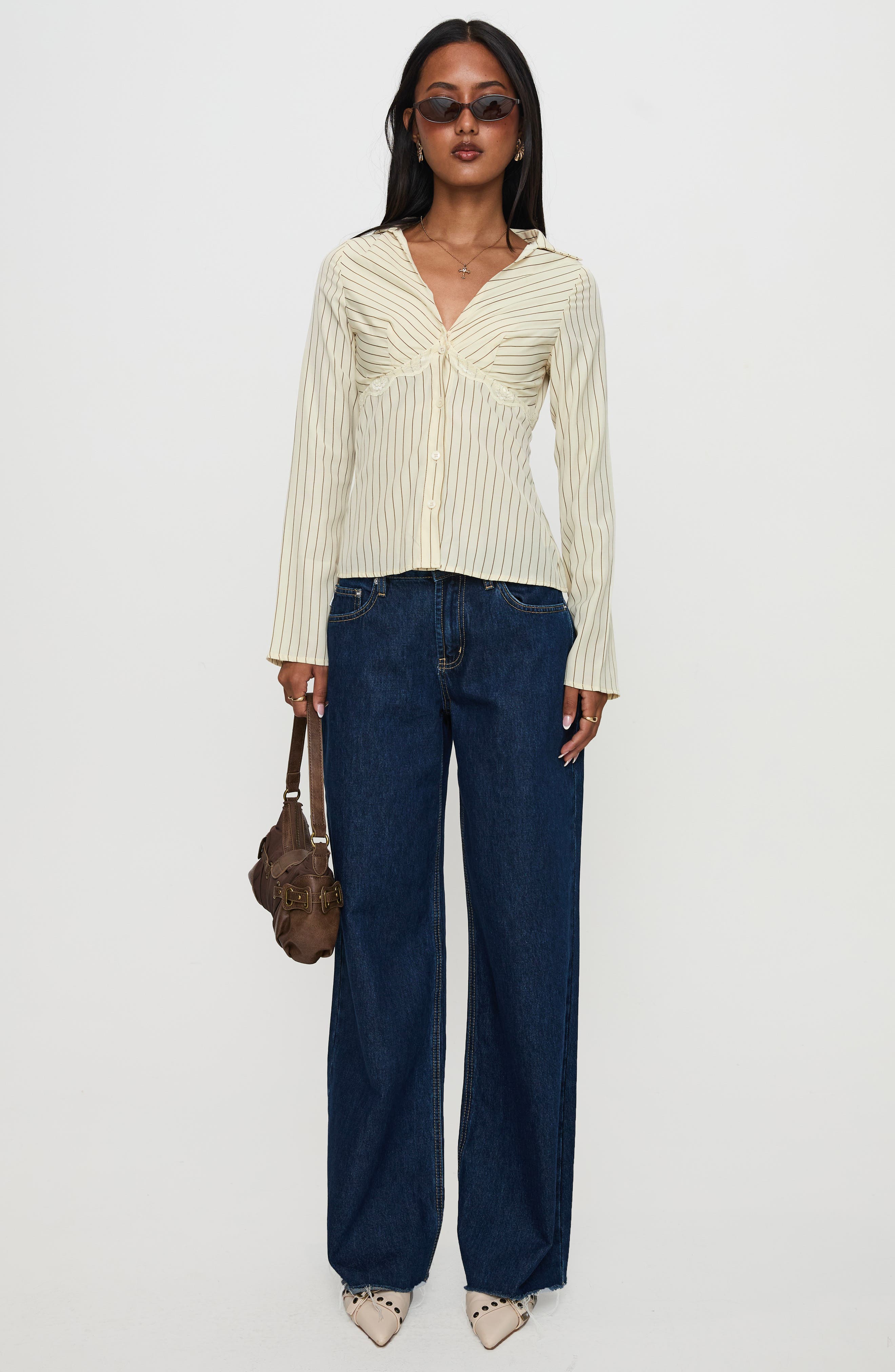 Princess Polly Life Begins Pinstripe Lace Trim Button-Up Shirt | Nordstrom