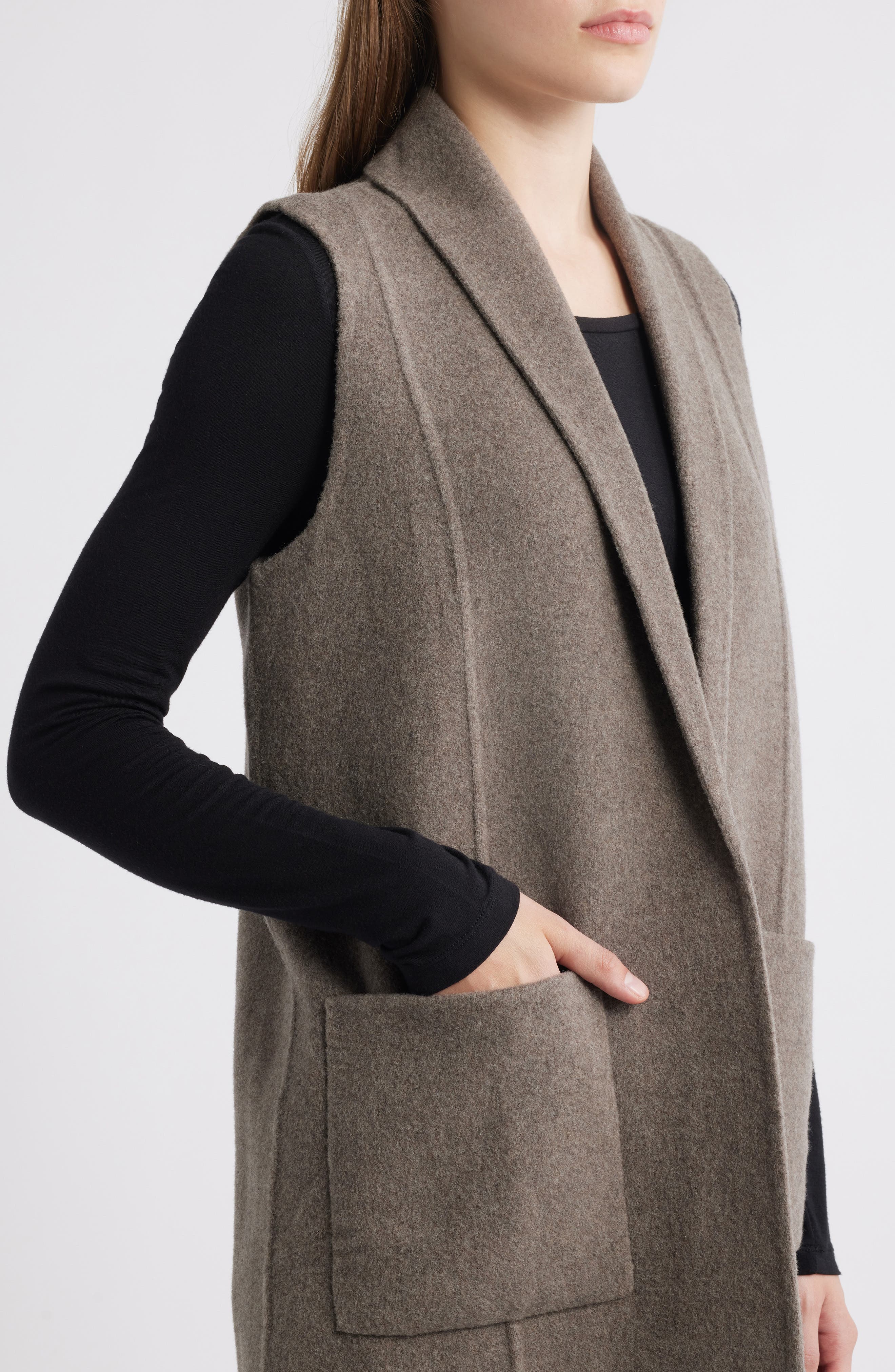 Eileen Fisher Shawl Collar Double Woven Wool Longline Vest | Nordstromrack