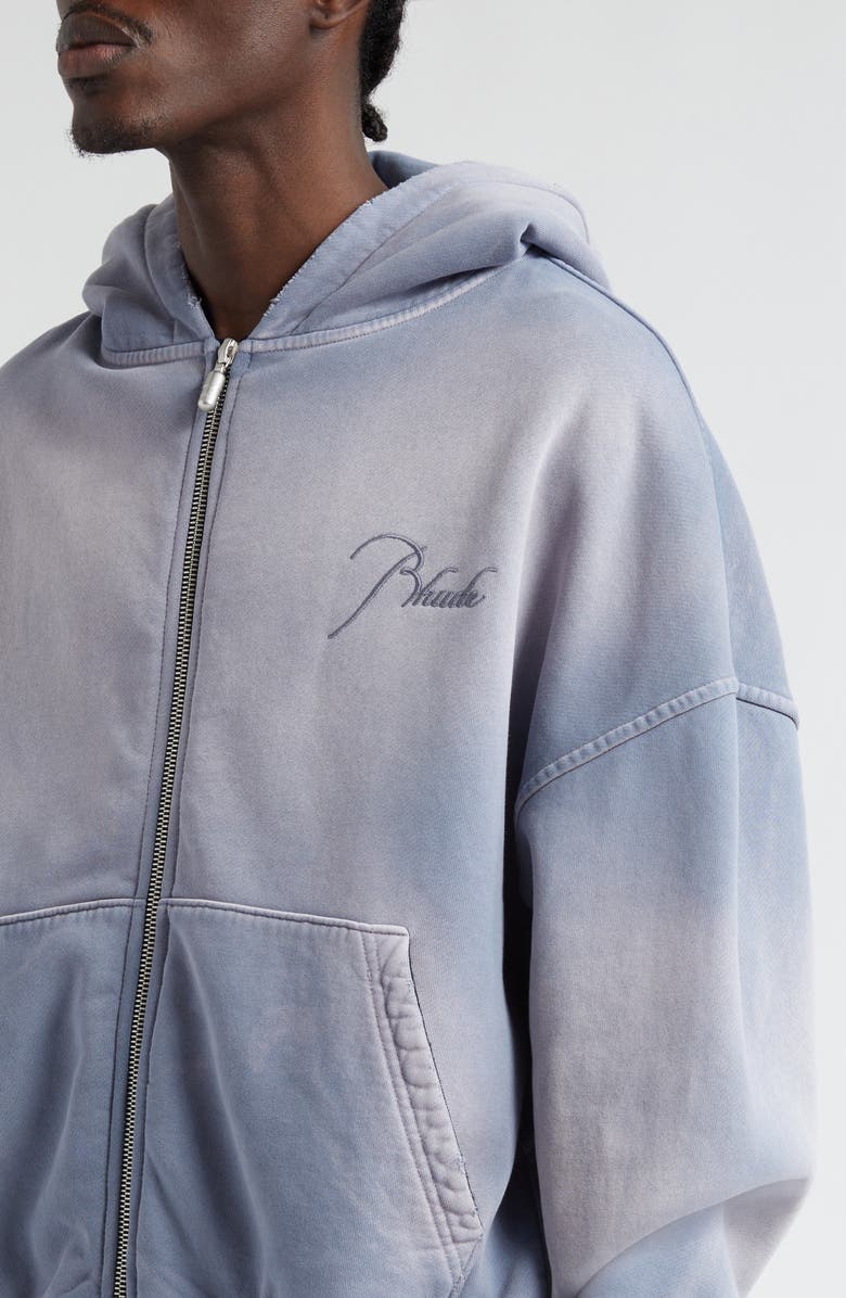 Rhude Distressed Logo Embroidered Cotton French Terry Zip Hoodie ...