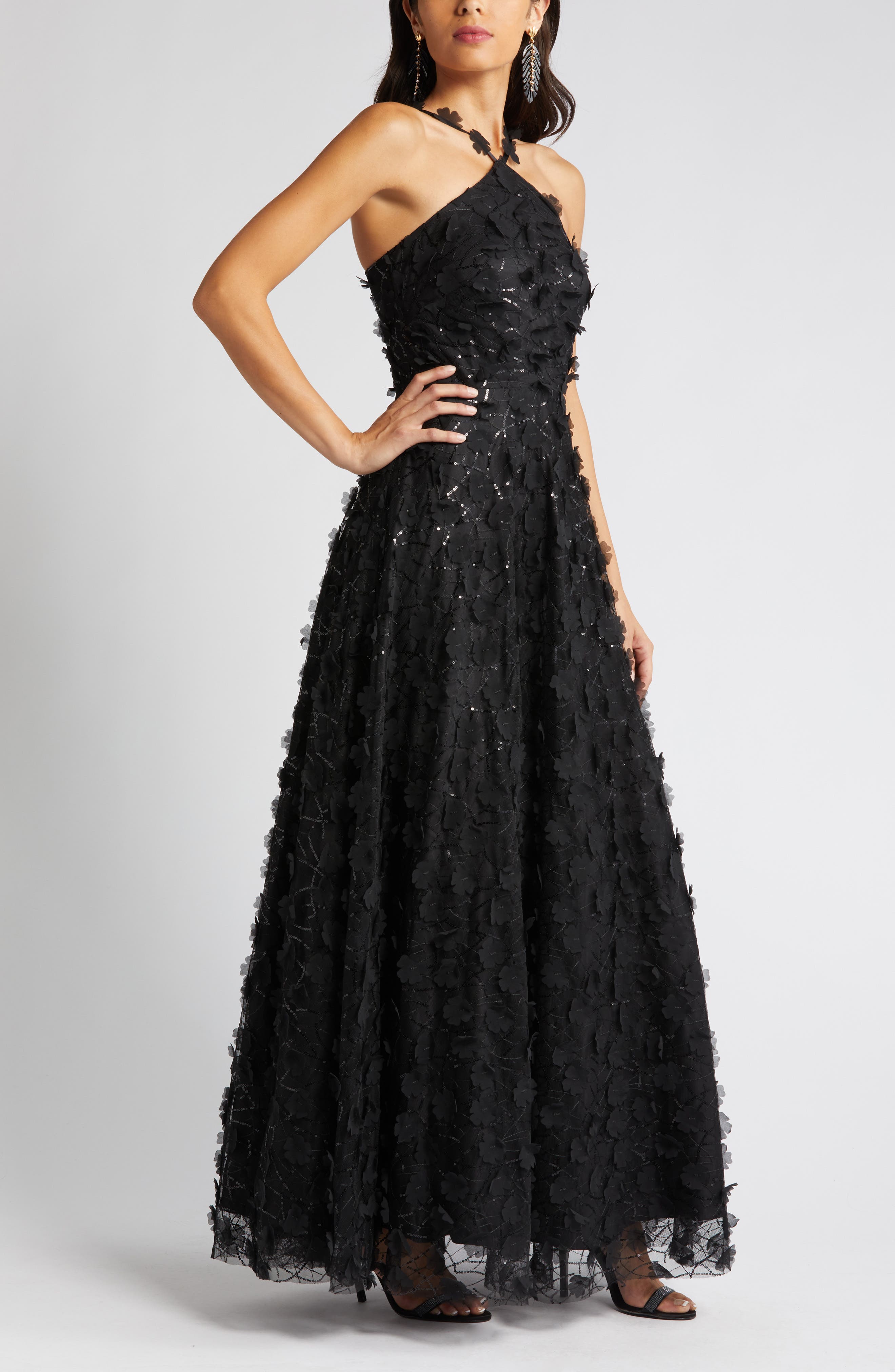 Eliza J Floating Flow Floral Sequin Halter Ballgown | Nordstrom