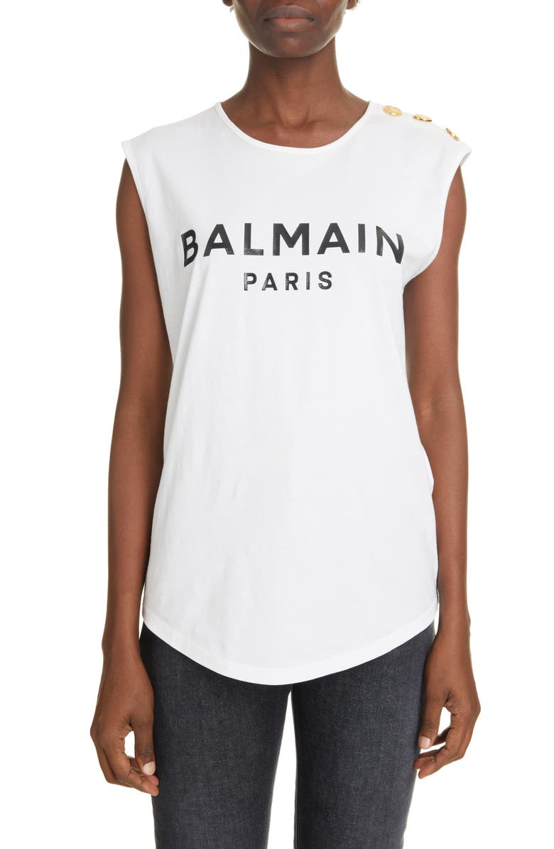 Balmain Button Shoulder Flocked Logo Graphic Tank | Nordstromrack