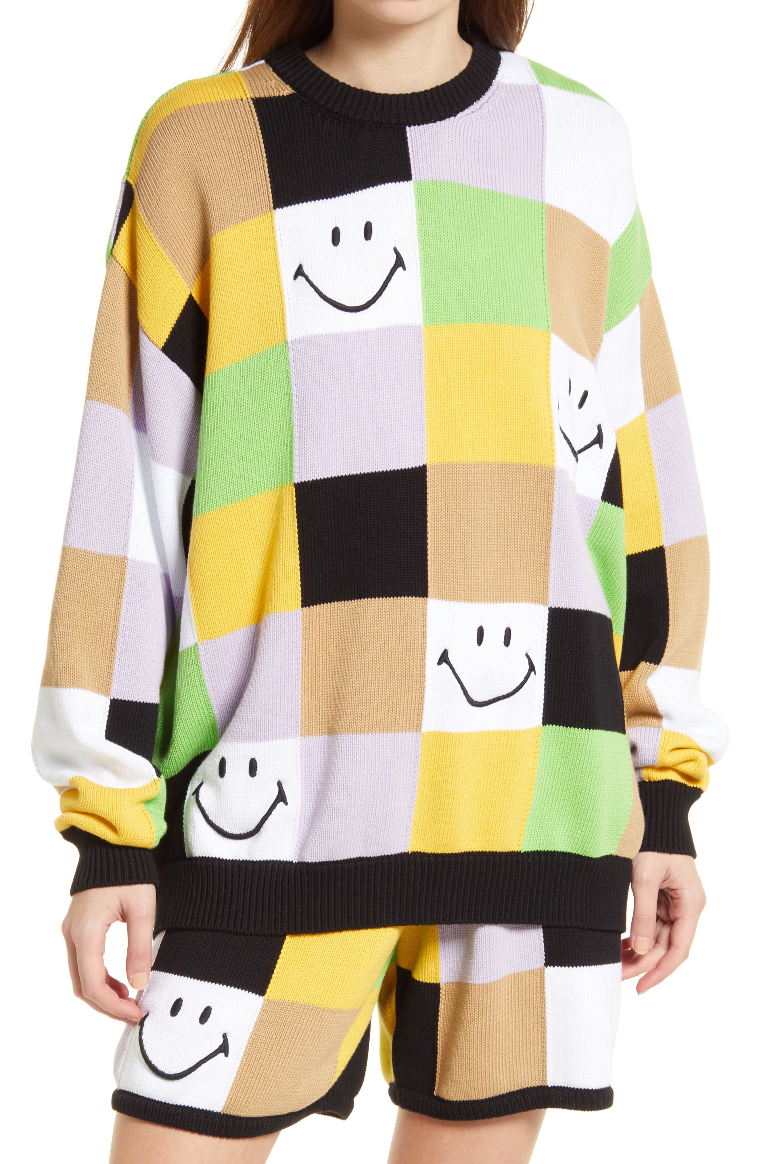 Smiley® x JOSHUAS Smile Patchwork Cotton Sweater (Women) | Nordstromrack