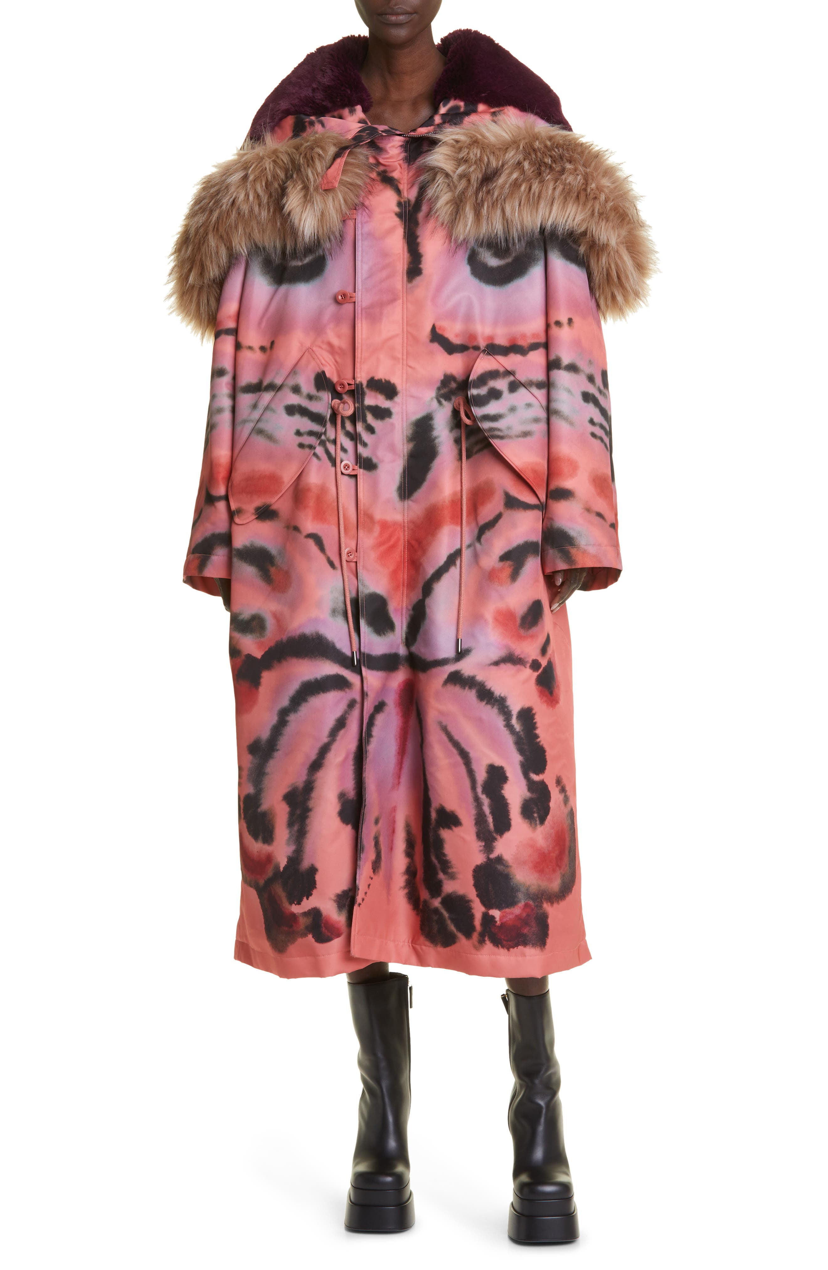 Altuzarra Apollo Abstract Print Faux Fur Detail Hooded Coat | Nordstrom