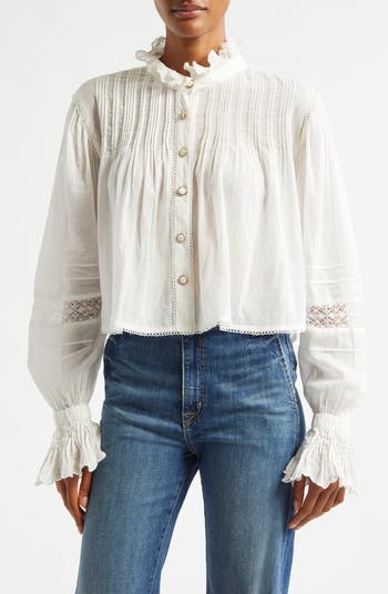 FARM Rio Pleated Lace Trim Button Up Top | Nordstrom
