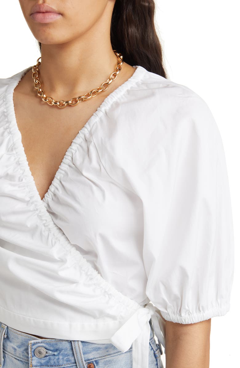 Open Edit Puff Sleeve Cotton Poplin Wrap Blouse | Nordstromrack