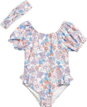 Jessica Simpson Kids' Puff Sleeve One-Piece Swimsuit & Headband ...