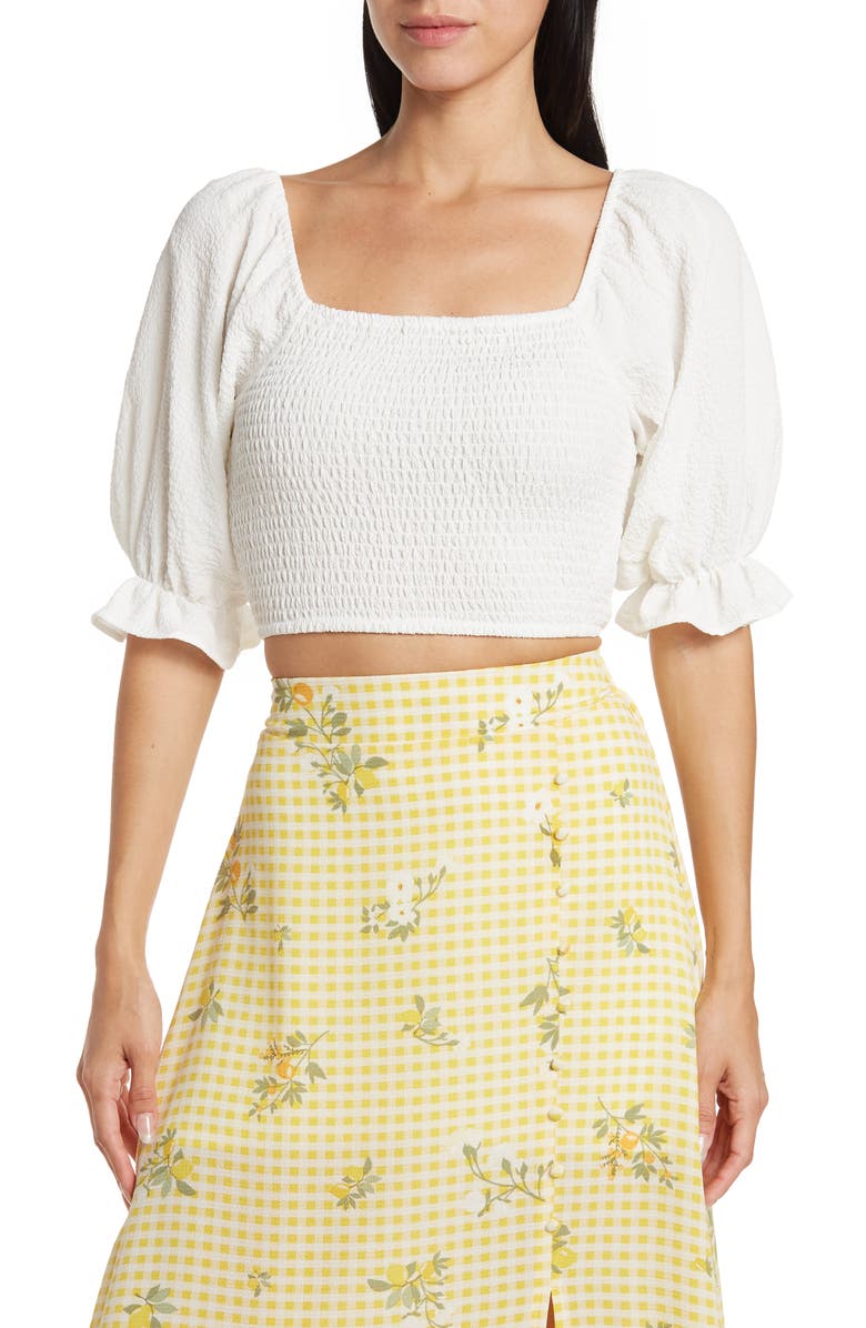 BCBGeneration Puff Sleeve Smocked Crop Top | Nordstromrack