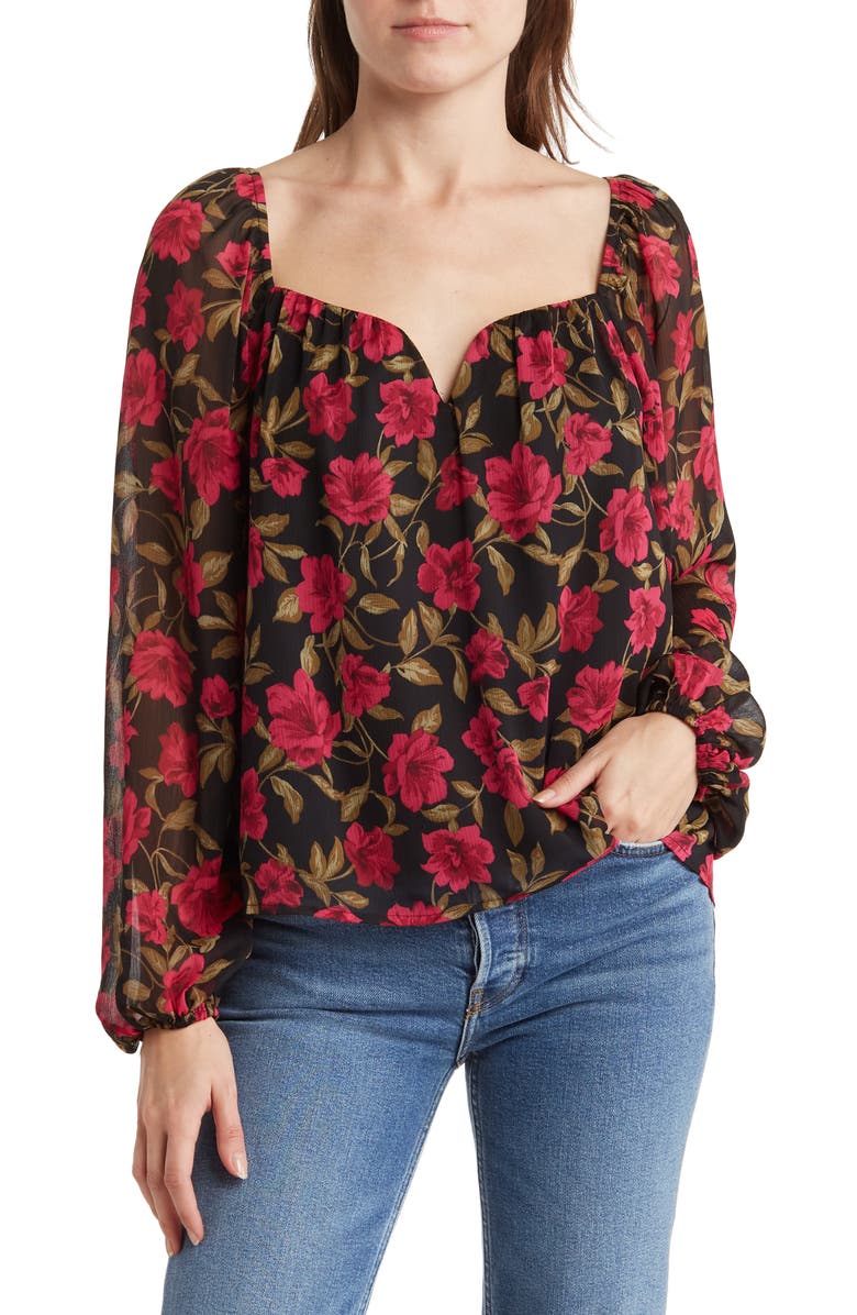 Blu Pepper Square Neck Long Sleeve Floral Sweetheart Blouse | Nordstromrack