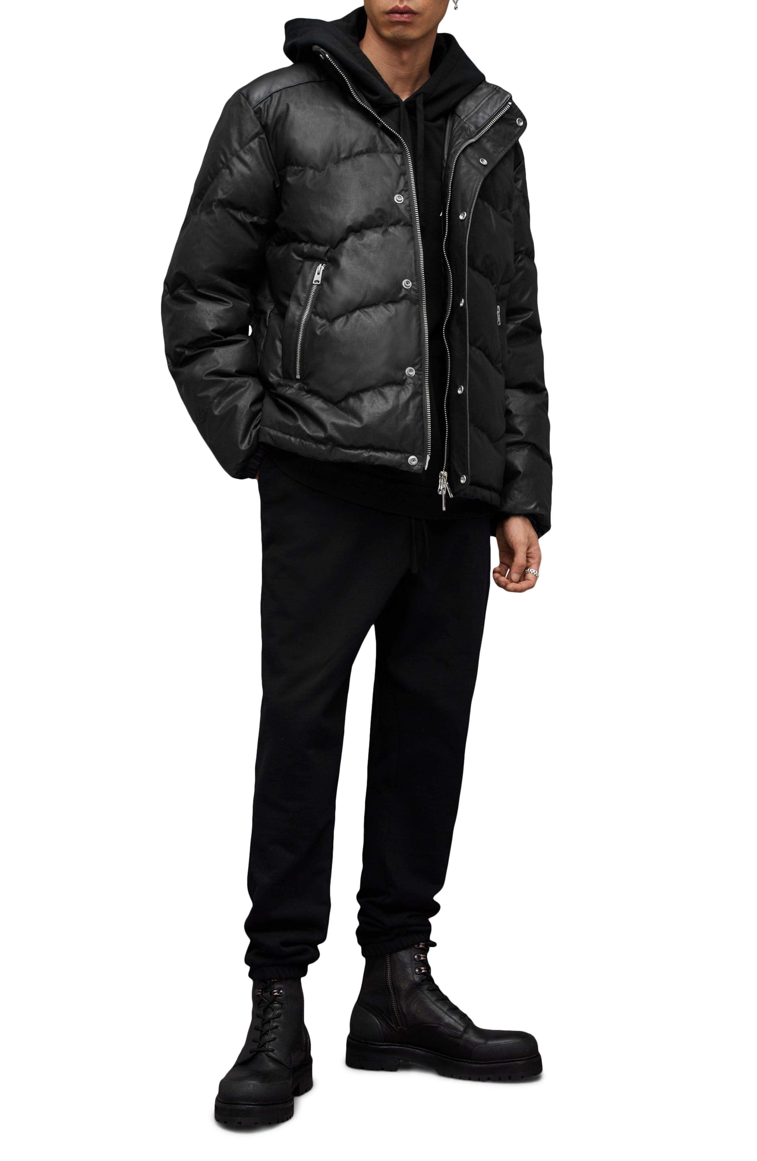 AllSaints Altair Waxed Puffer Jacket with Stowaway Hood | Nordstromrack