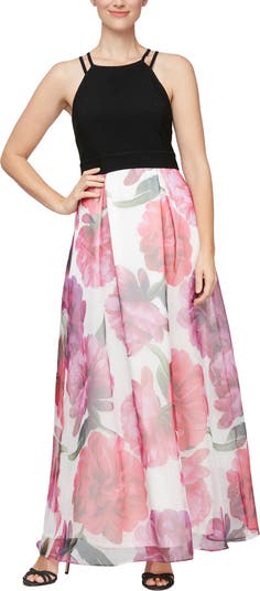 SL FASHIONS Solid Top Organza Print Skirt Cocktail Dress | Nordstromrack
