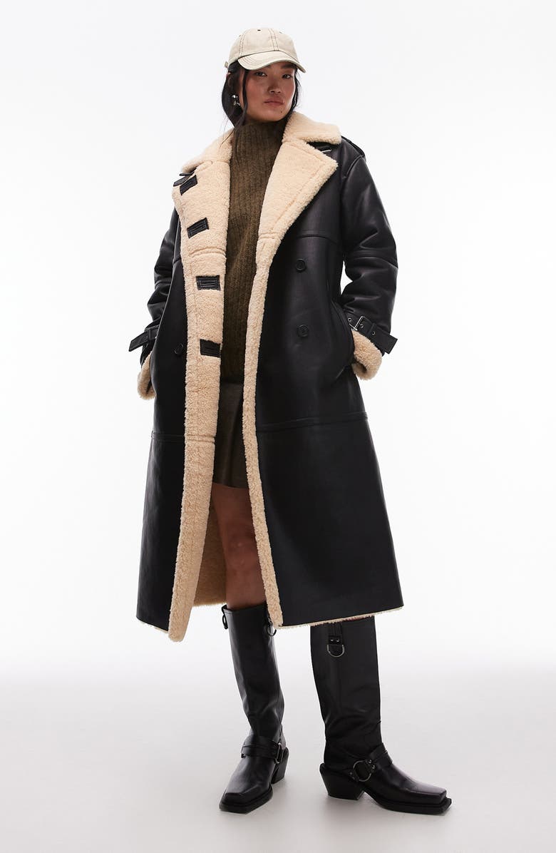 Topshop Oversize High Pile Fleece Lined Faux Leather Aviator Coat ...