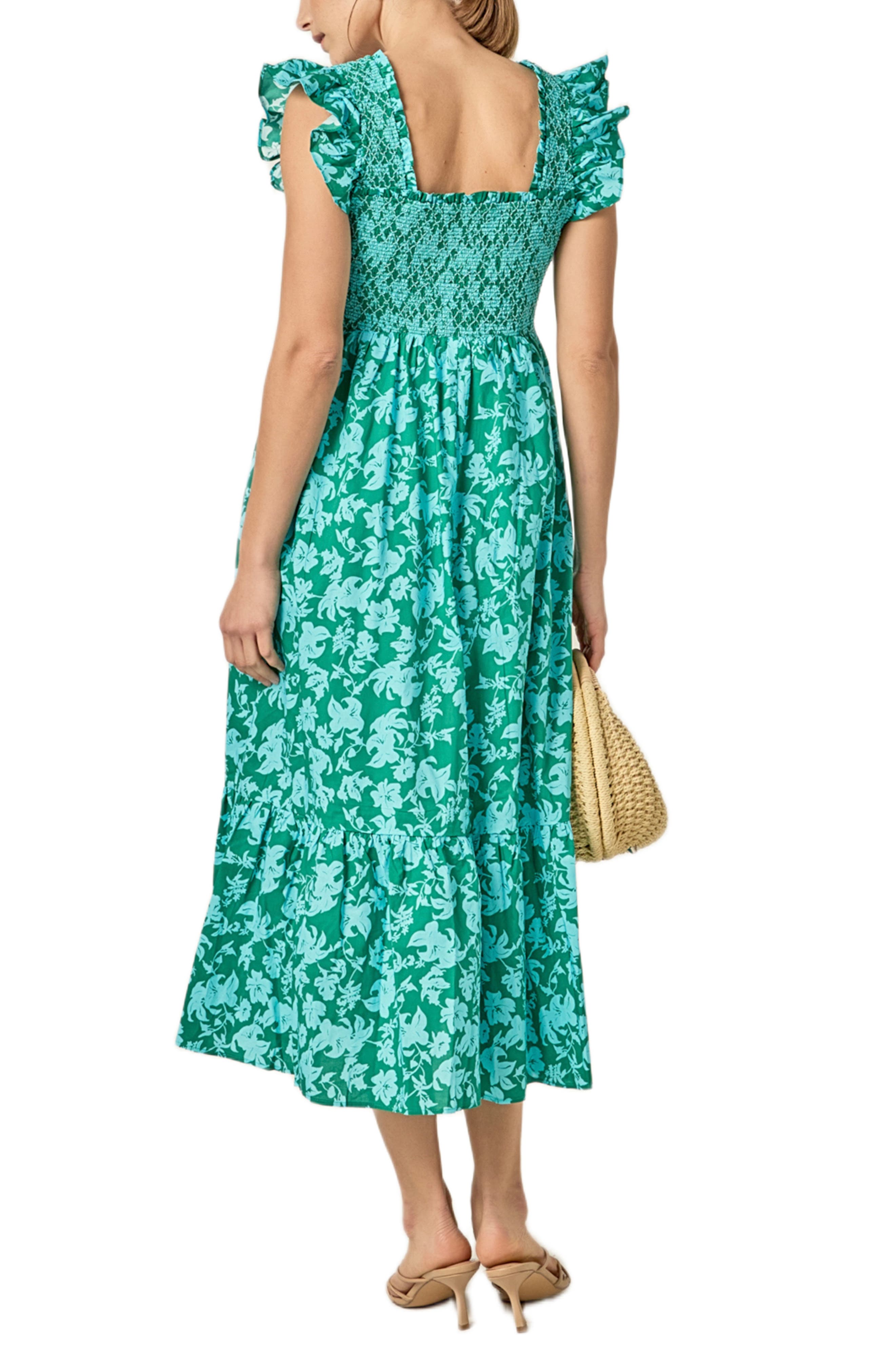 Print Smocked Cotton Midi Dress (Women) | Nordstrom