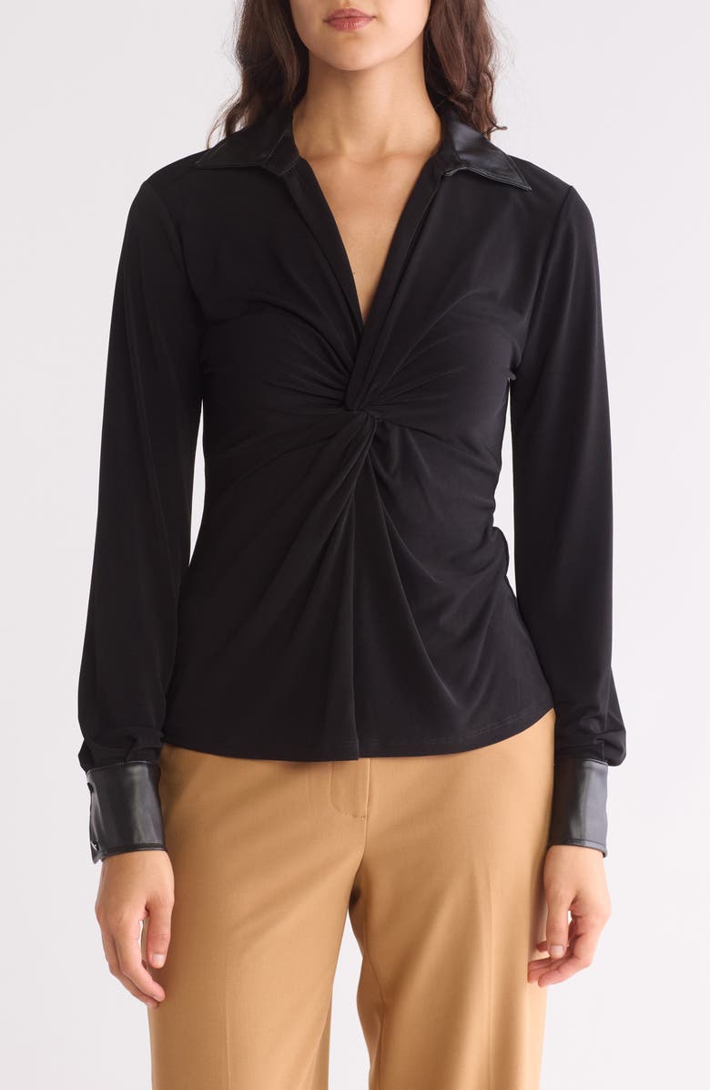 DKNY Faux Leather Contrast Long Sleeve Top | Nordstromrack