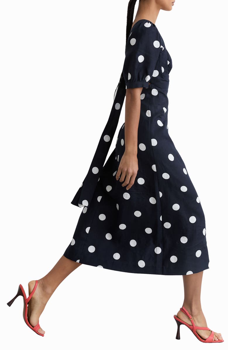 Reiss Astrid Polka Dot Puff Sleeve Open Back Linen Midi Dress | Nordstrom