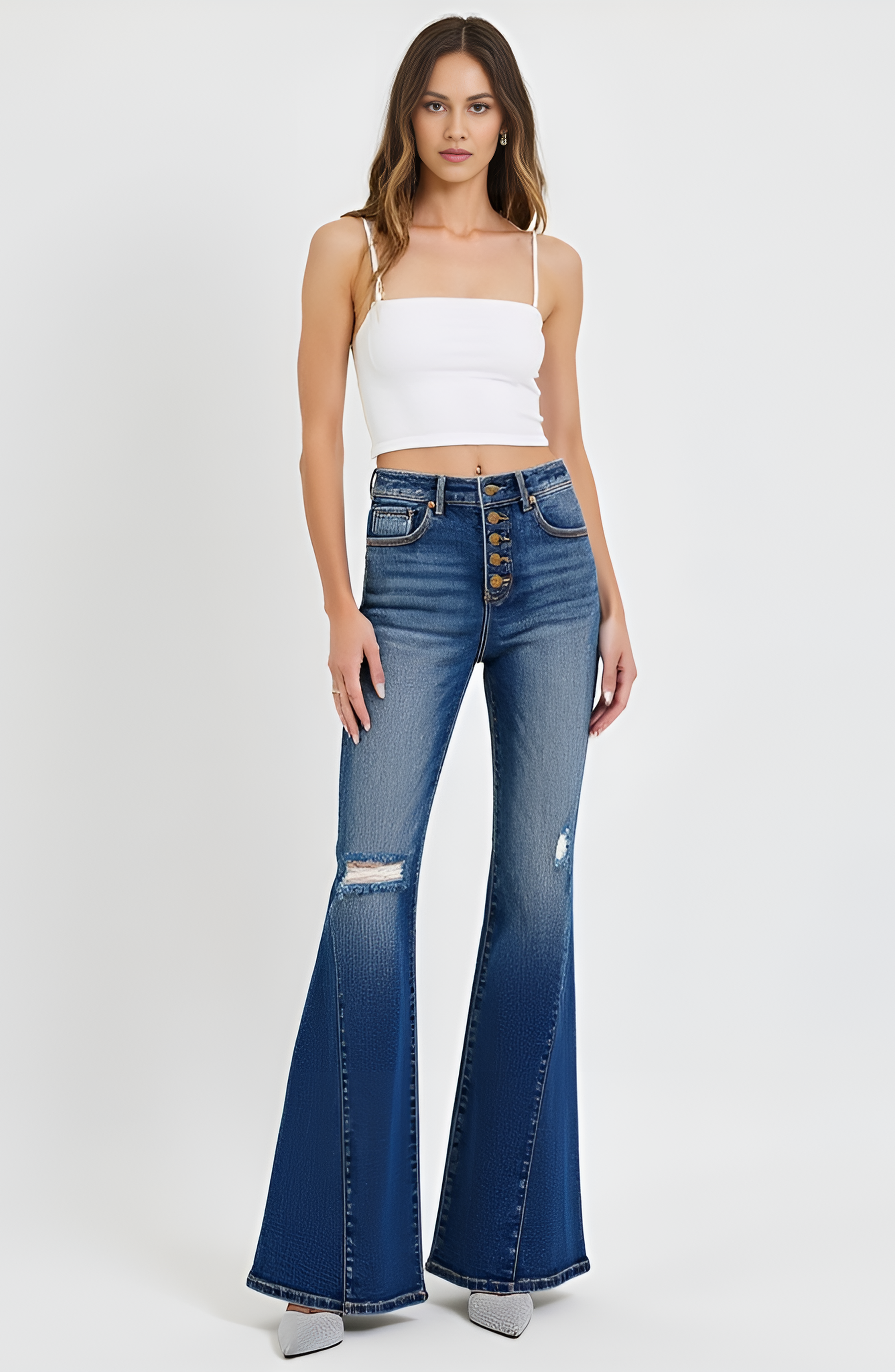 Modenaire High Rise Flare Jeans with Button Fly and Distressed Detail ...