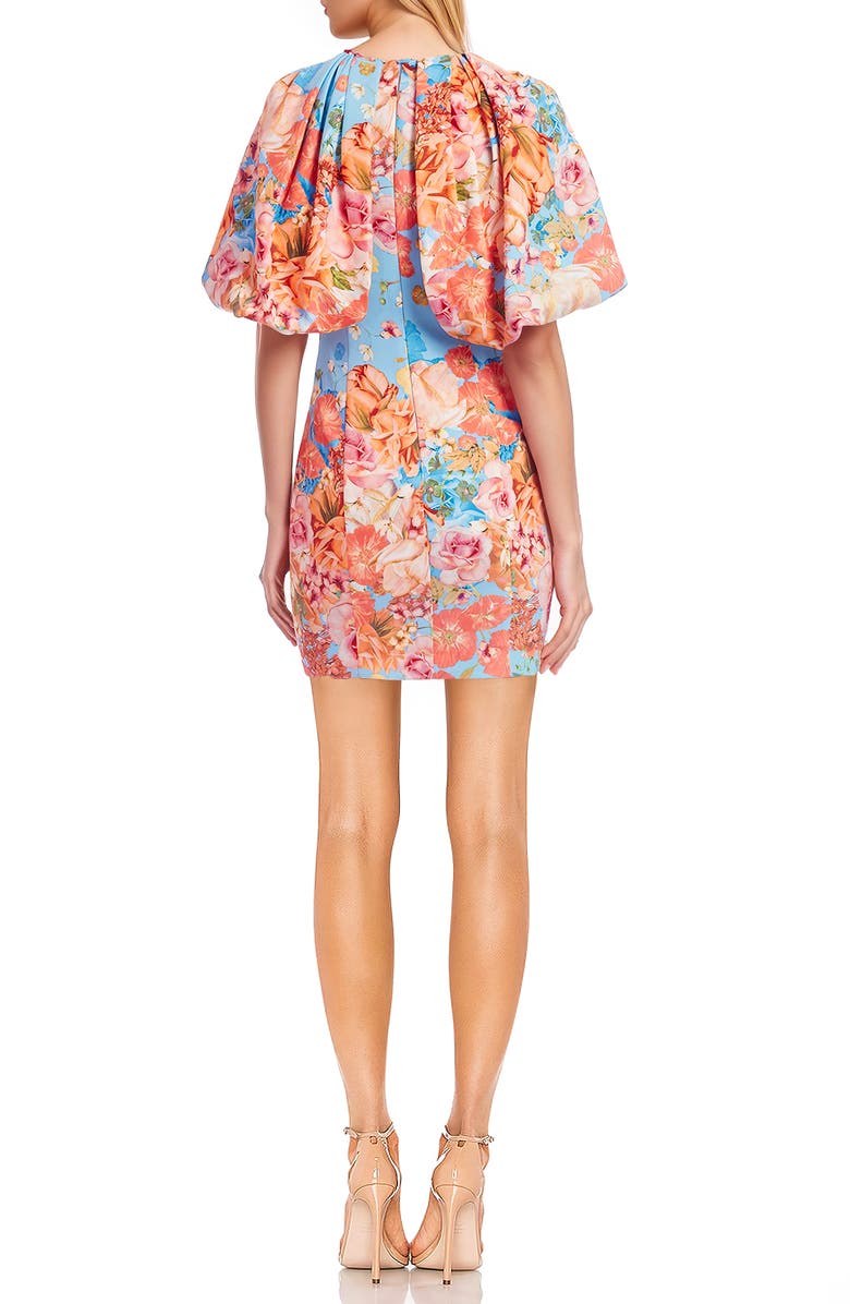 Jewel Badgley Mischka Floral Pleated Puff Sleeve Cocktail Minidress ...