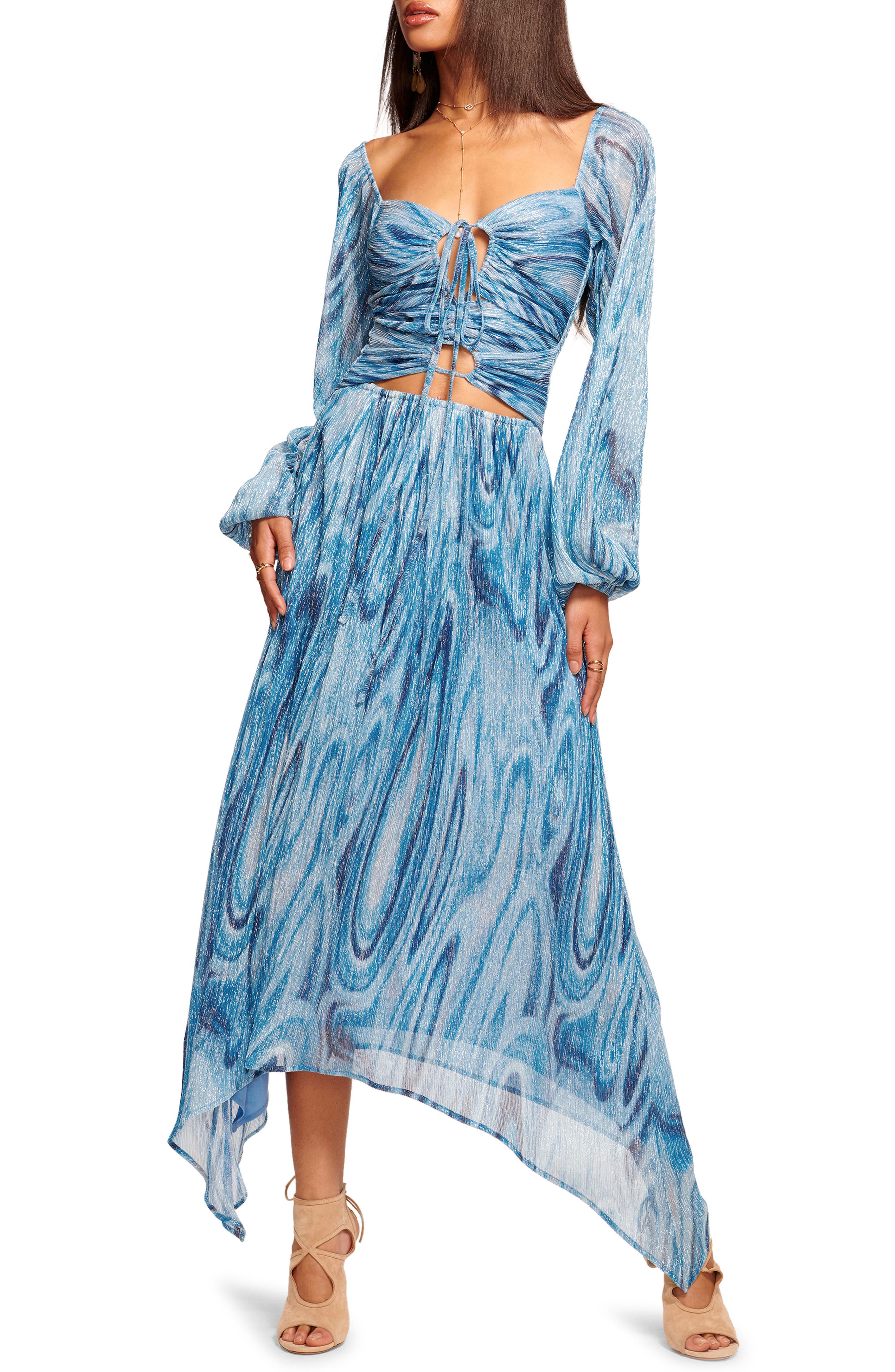 Ramy Brook Emmy Metallic Swirl Print Long Sleeve Handkerchief Hem Dress ...