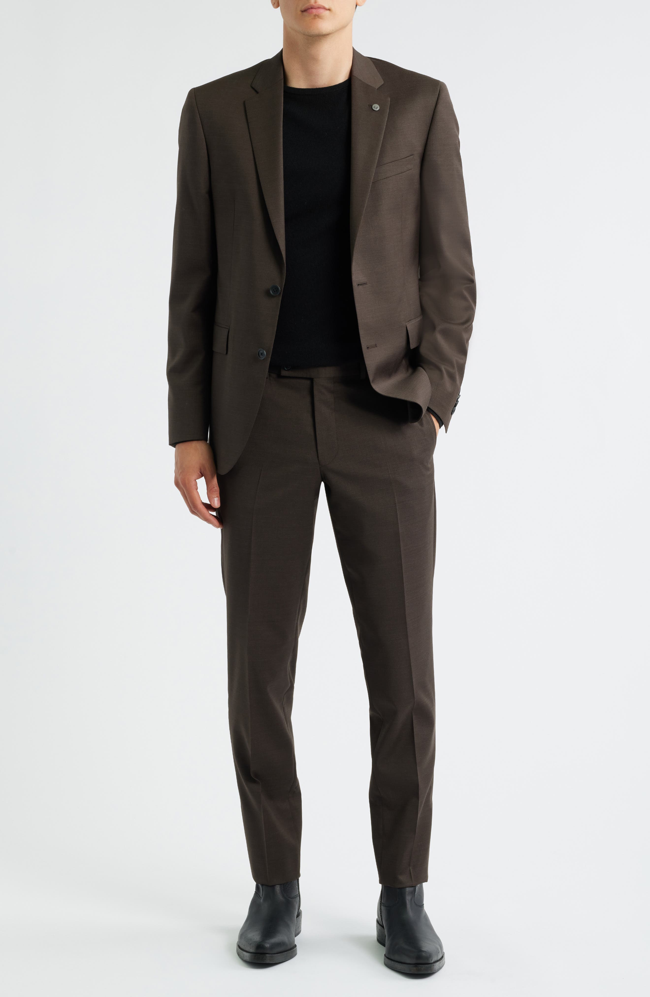 AllSaints Ross Slim Fit Solid Brown Stretch Wool Suit | Nordstrom